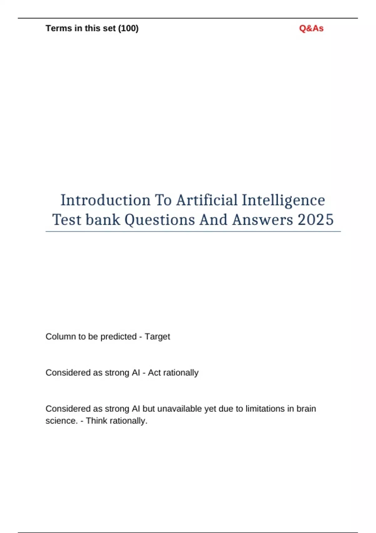 Introduction To Artificial Intelligence Test bank Questions And Answers ...
