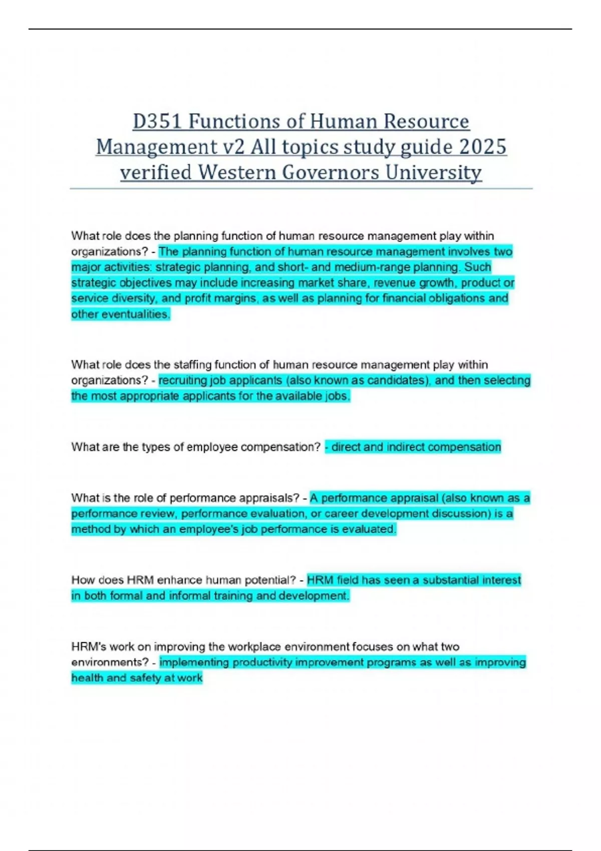 D351 Functions of Human Resource Management v2 All topics study guide ...
