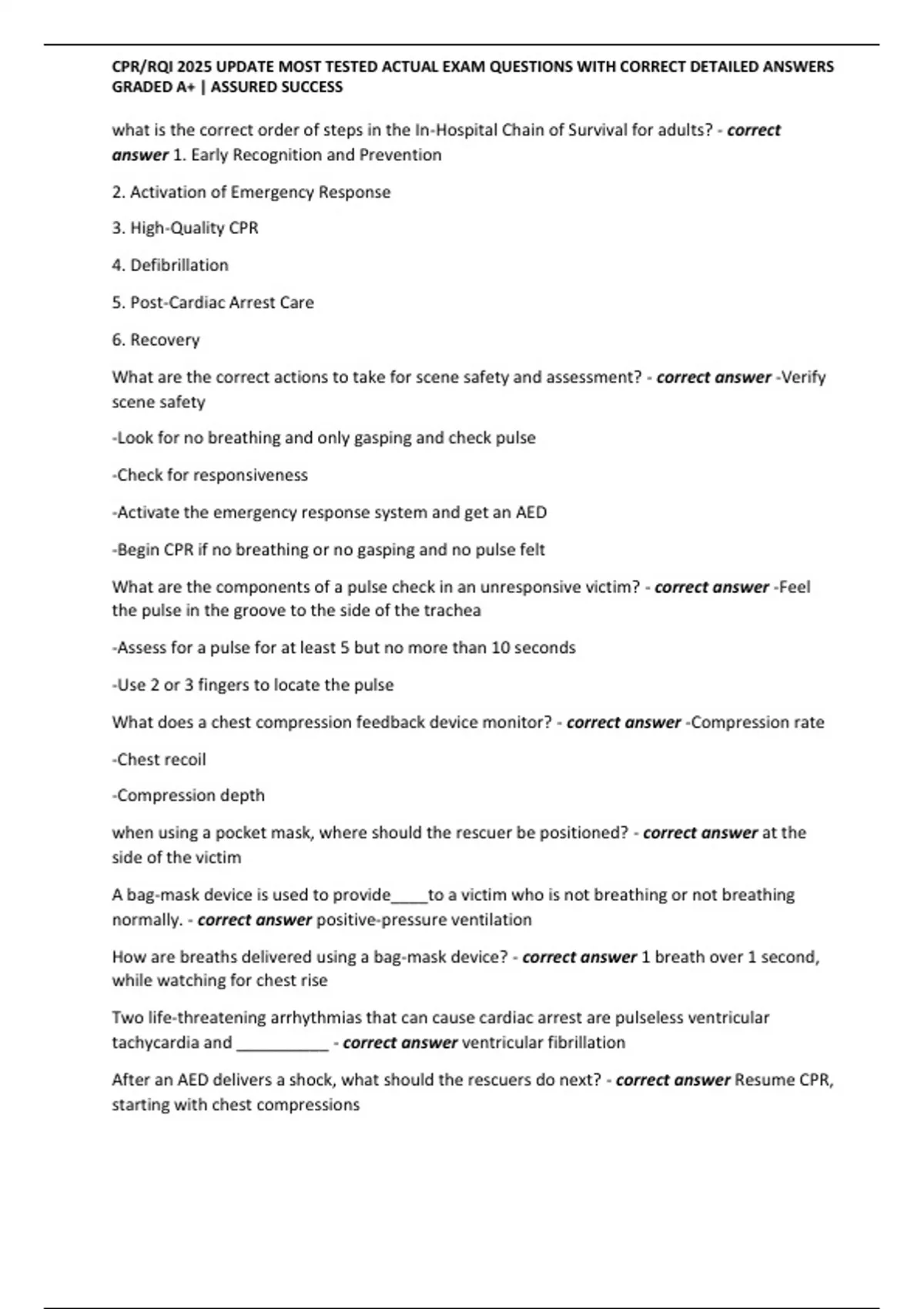 CPR/RQI 2025 UPDATE MOST TESTED ACTUAL EXAM QUESTIONS WITH CORRECT ...