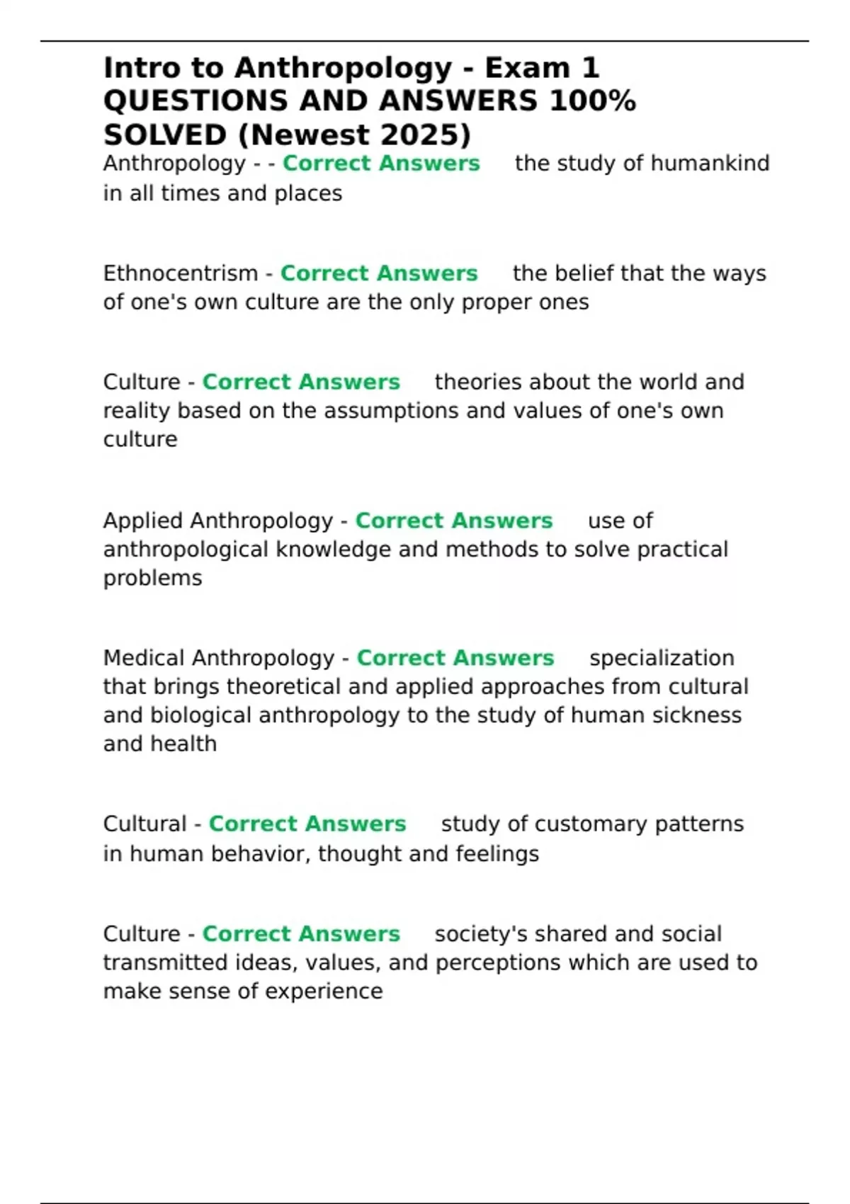 Intro to Anthropology - Exam 1 QUESTIONS AND ANSWERS 100- SOLVED ...