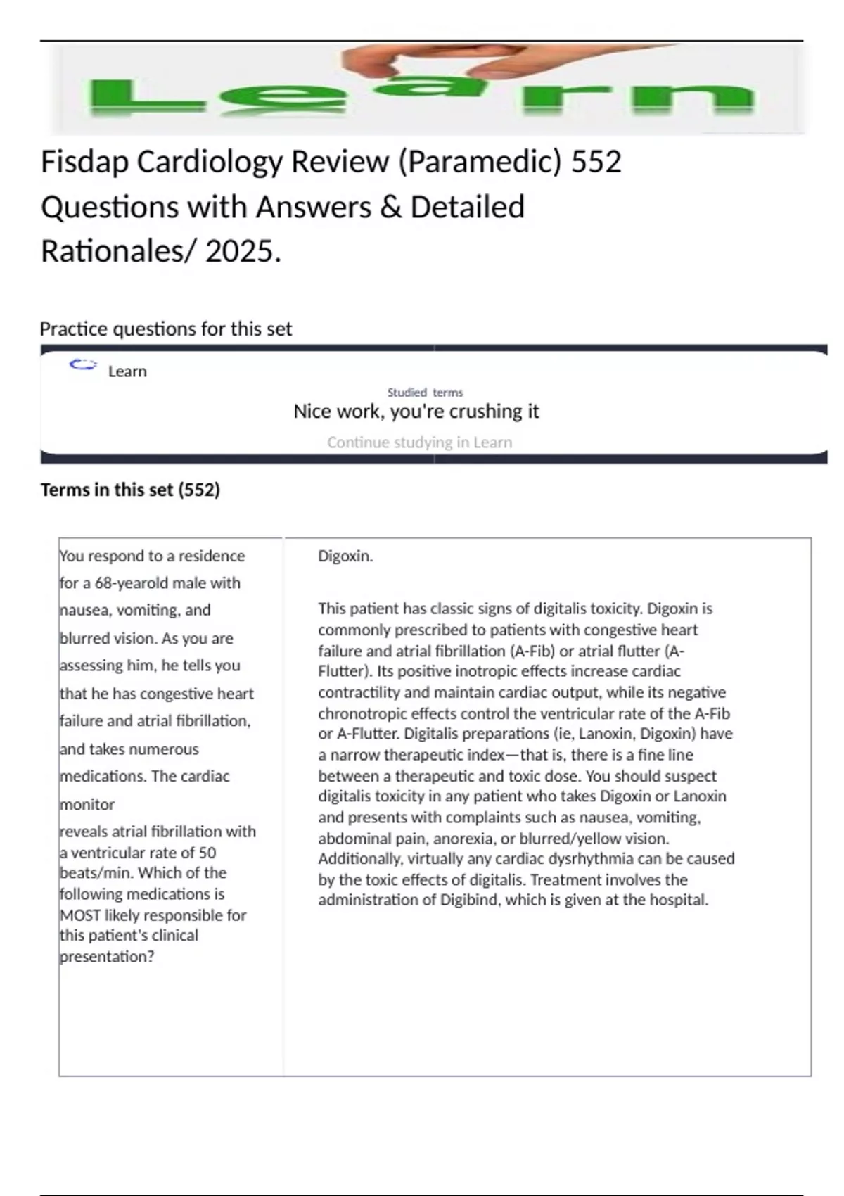Fisdap Cardiology Review (Paramedic) 552 Questions with Answers ...