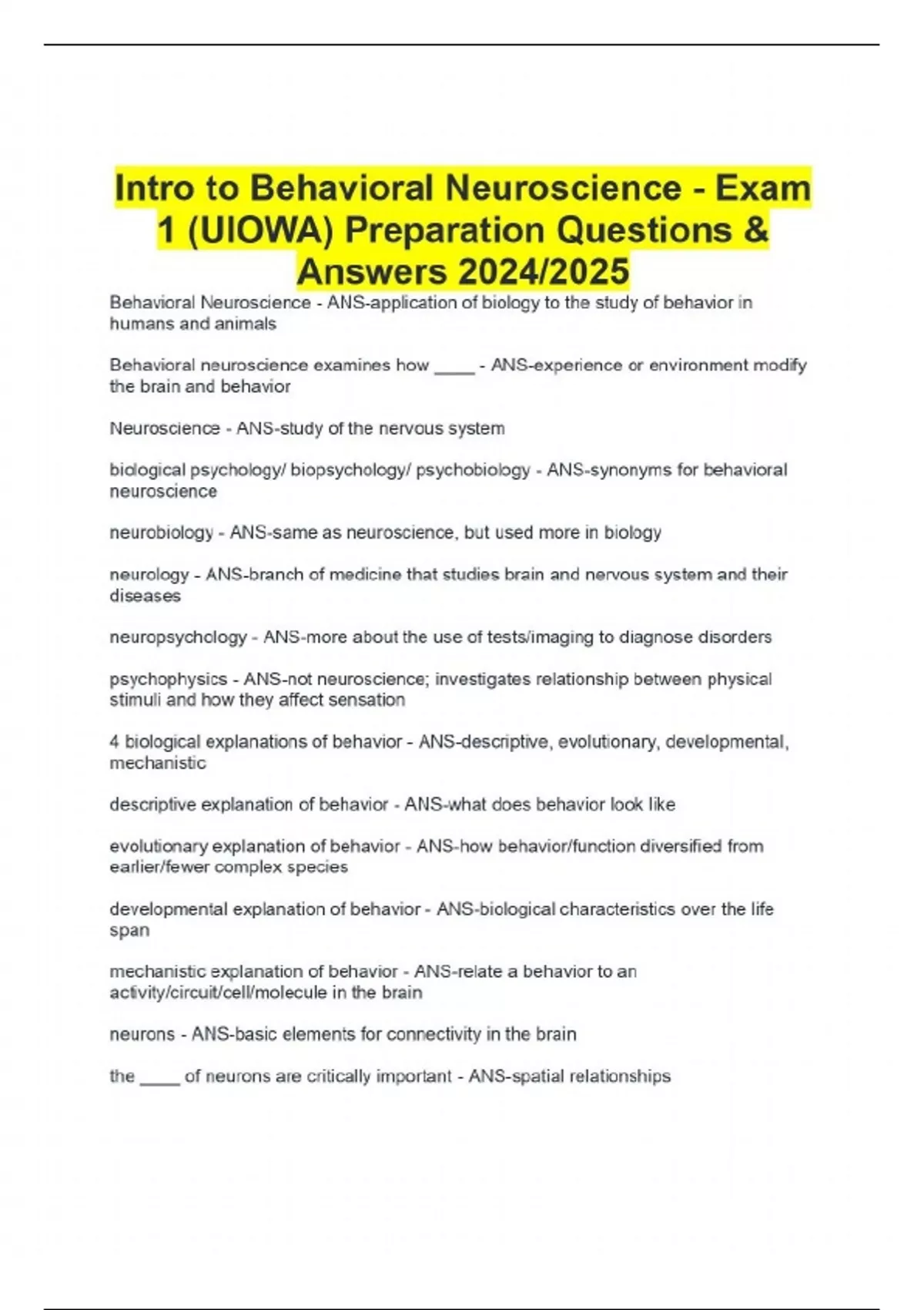 Intro to Behavioral Neuroscience - Exam 1 (UIOWA) Preparation Questions ...
