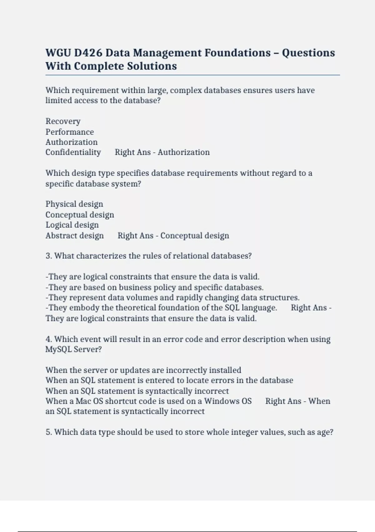 WGU D426 Data Management Foundations – Questions With Complete Solutions - WGU D426 - Stuvia US