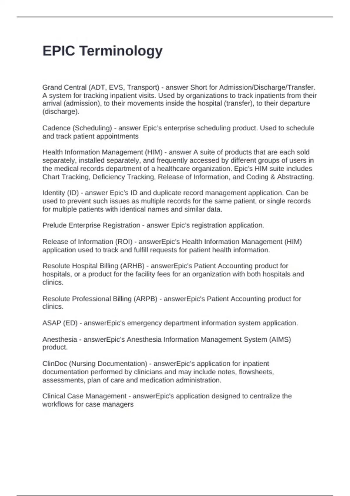 EPIC Terminology Questions and Answers 2025 - Willow IP Admin - Stuvia US