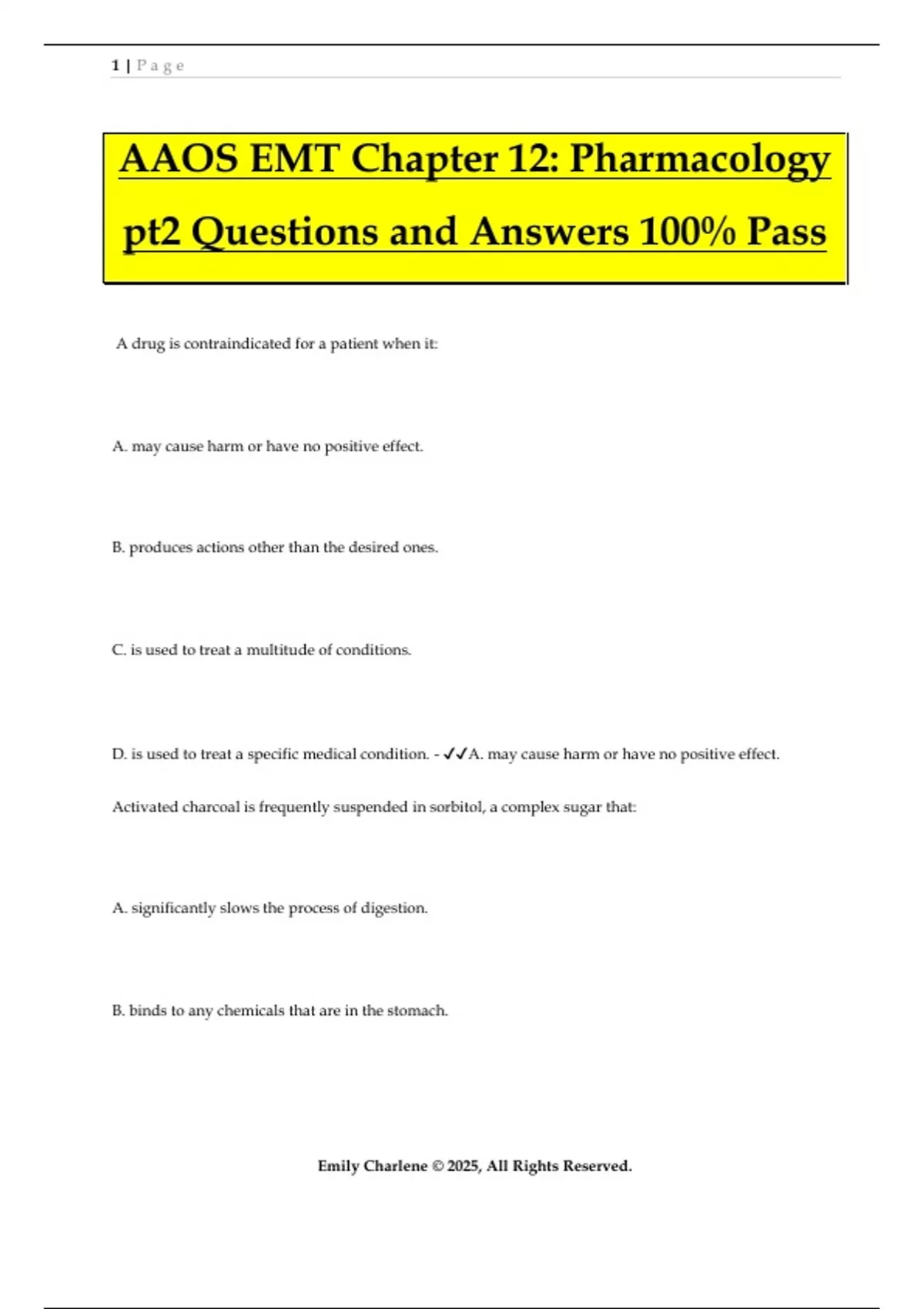 AAOS EMT Chapter 12: Pharmacology pt2 Questions and Answers 100% Pass ...