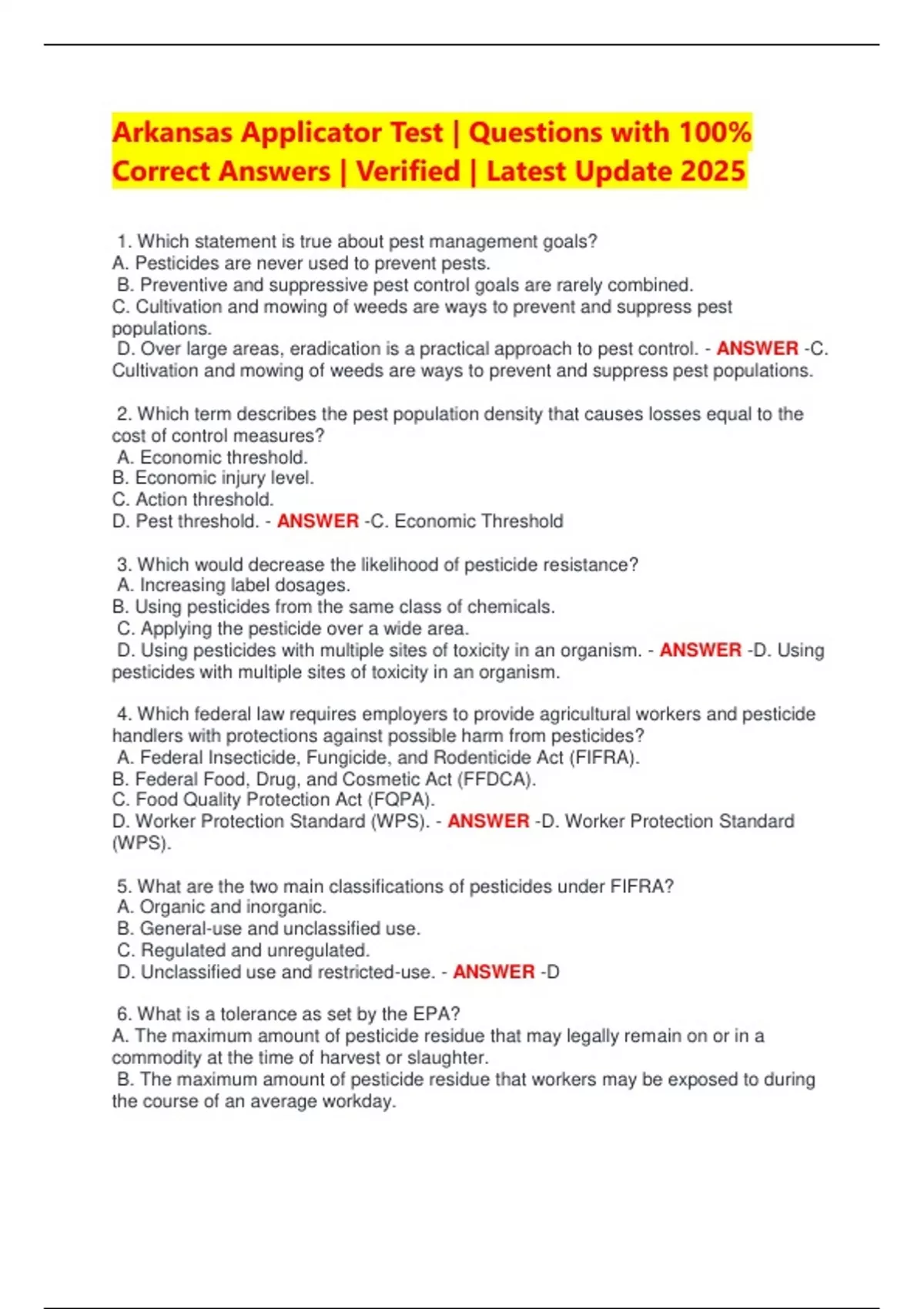 Arkansas Applicator Test | Questions with 100% Correct Answers ...