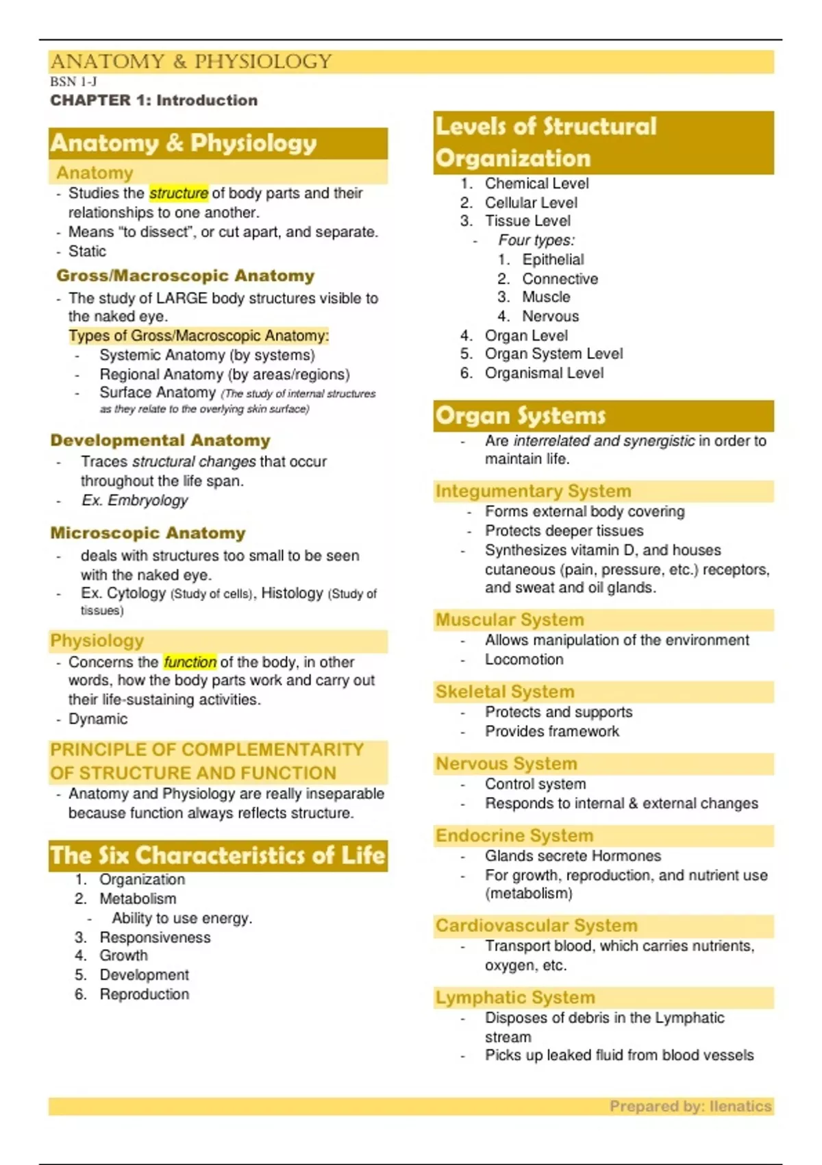 Anatomy and Physiology Summary for 1st Year College Students - MC 1 ...