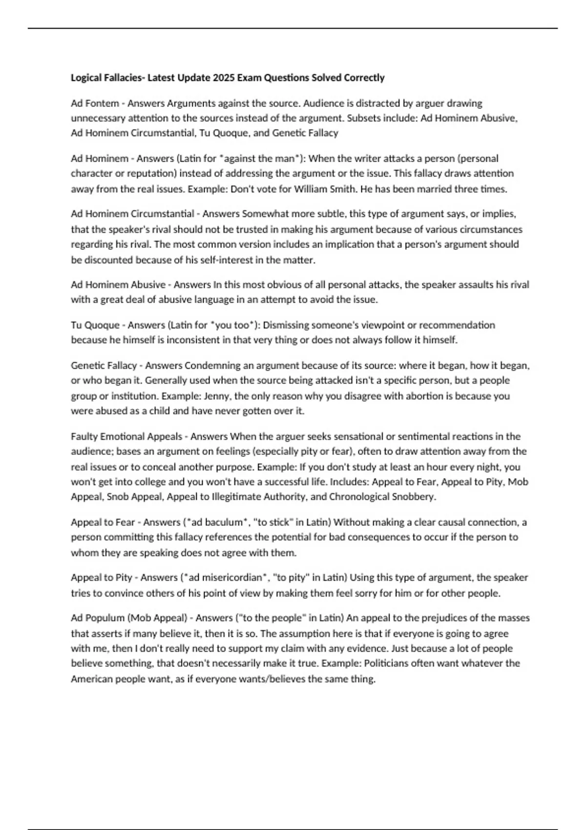 Logical Fallacies- Latest Update 2025 Exam Questions Solved Correctly ...