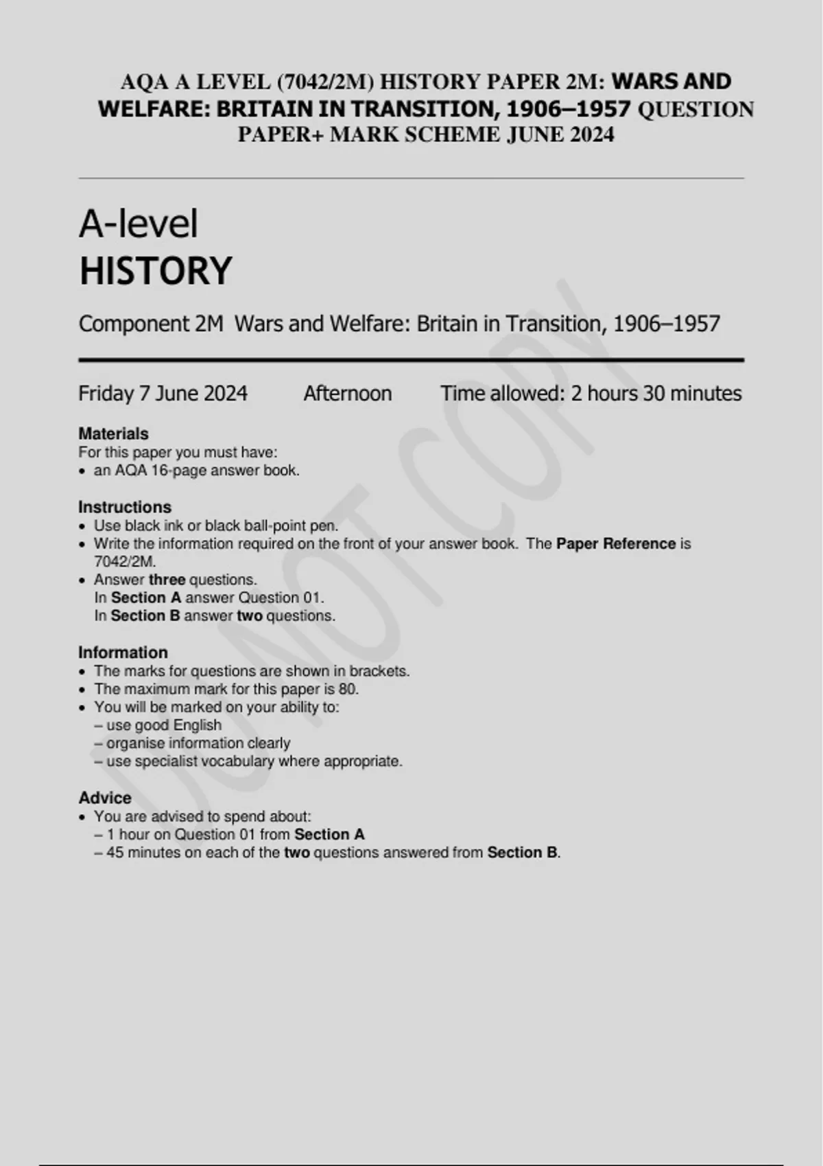 AQA A LEVEL (7042/2M) HISTORY PAPER 2M: WARS AND WELFARE: BRITAIN IN ...