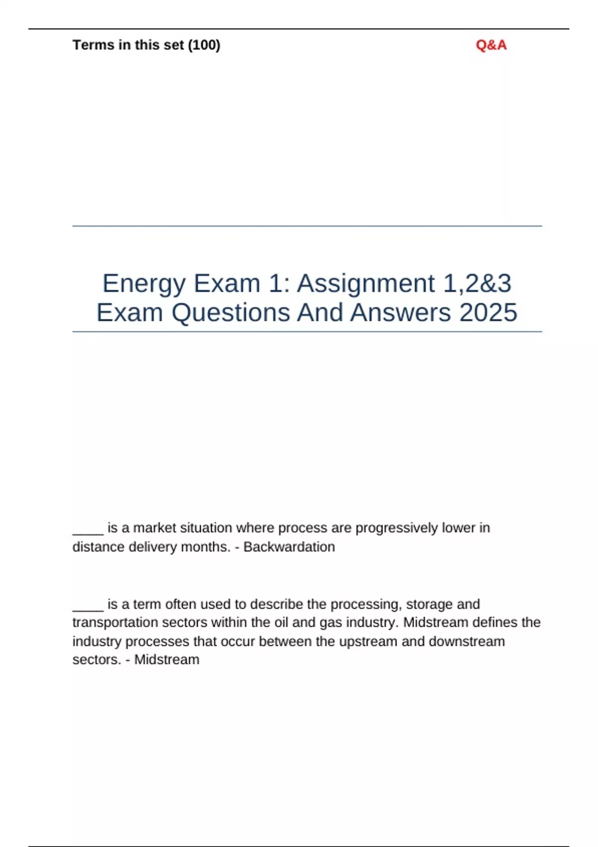 Energy Exam 1 Assignment 1,2&3 Exam Questions And Answers 2025 - Petroleum processing - Stuvia UK