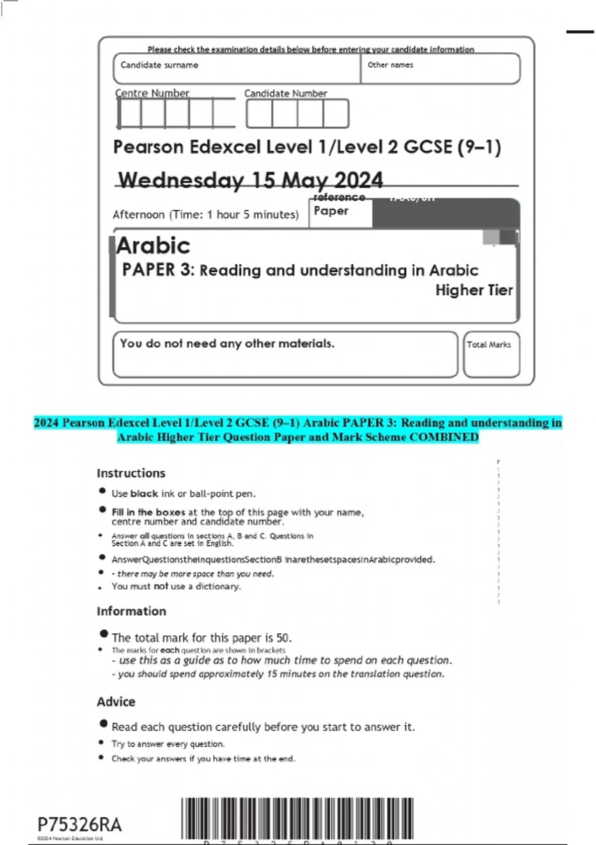 2024 Pearson Edexcel Level 1/Level 2 GCSE (9–1) Arabic PAPER 3: Reading ...