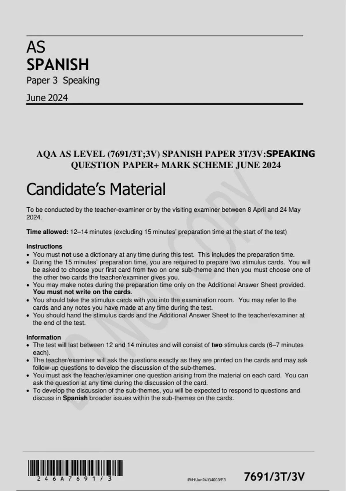 AQA AS LEVEL (7691/3T;3V) SPANISH PAPER 3T/3V:SPEAKING QUESTION PAPER+ ...