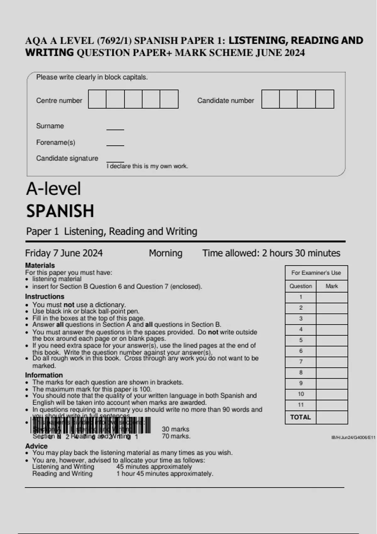 PACKAGE-AQA A LEVEL (7692) SPANISH PAPER 1, PAPER 2 & PAPER 3 QUESTION ...