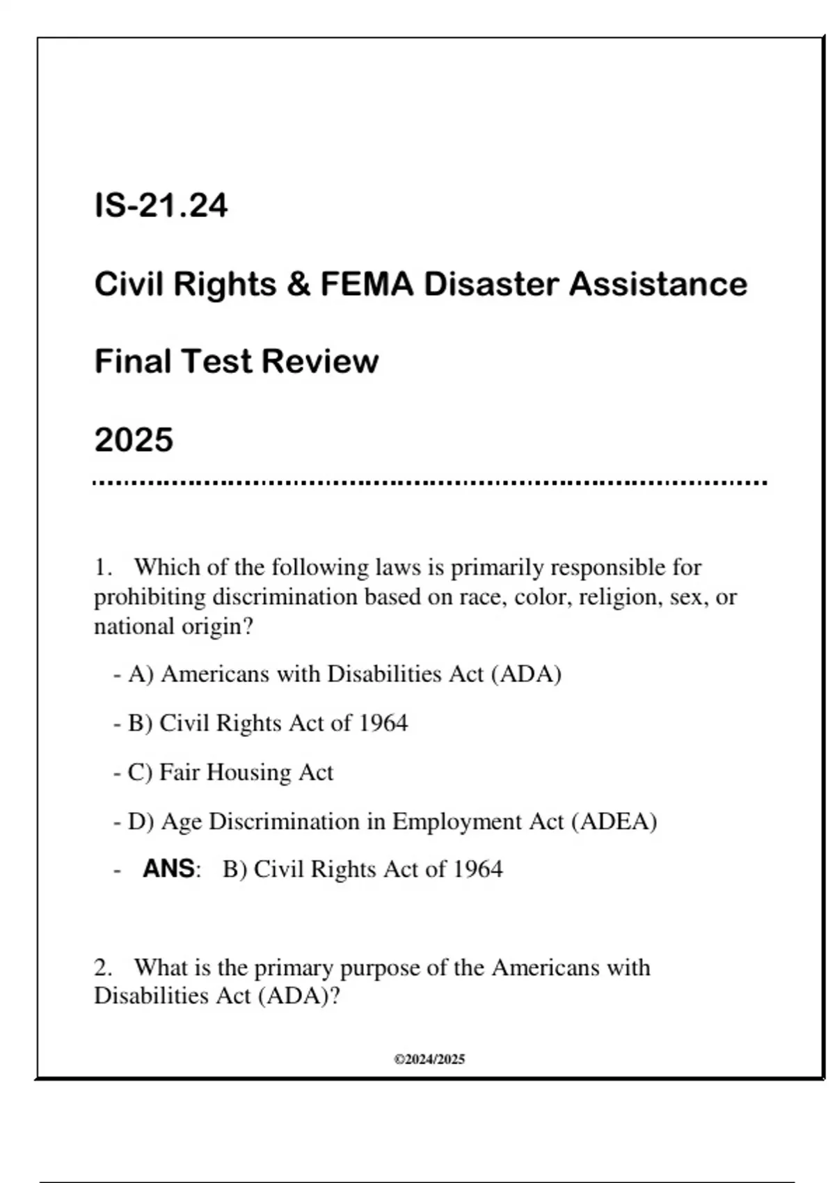 IS-21.24 (Civil Rights & FEMA Disaster Assistance) Final Test Review ...