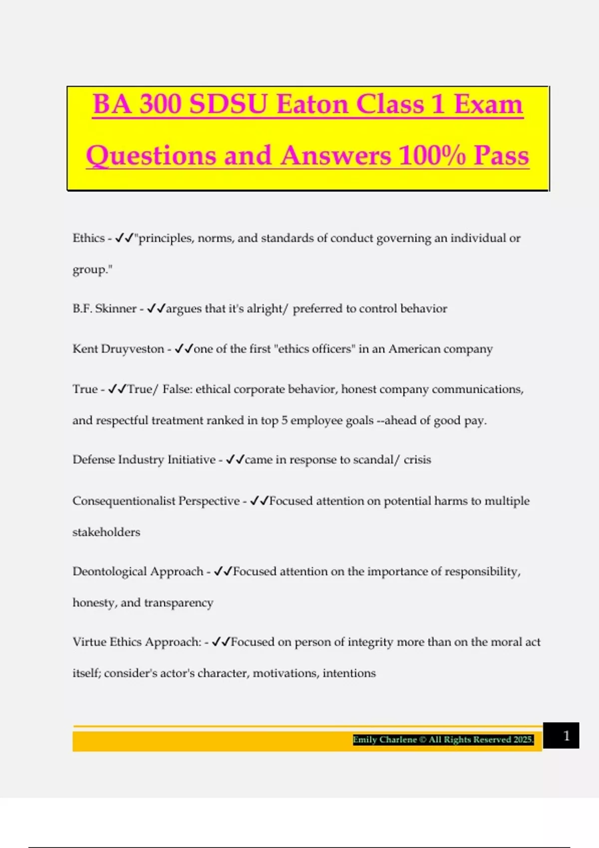 BA 300 SDSU Eaton Class 1 Exam Questions and Answers 100% Pass - BA 300 ...