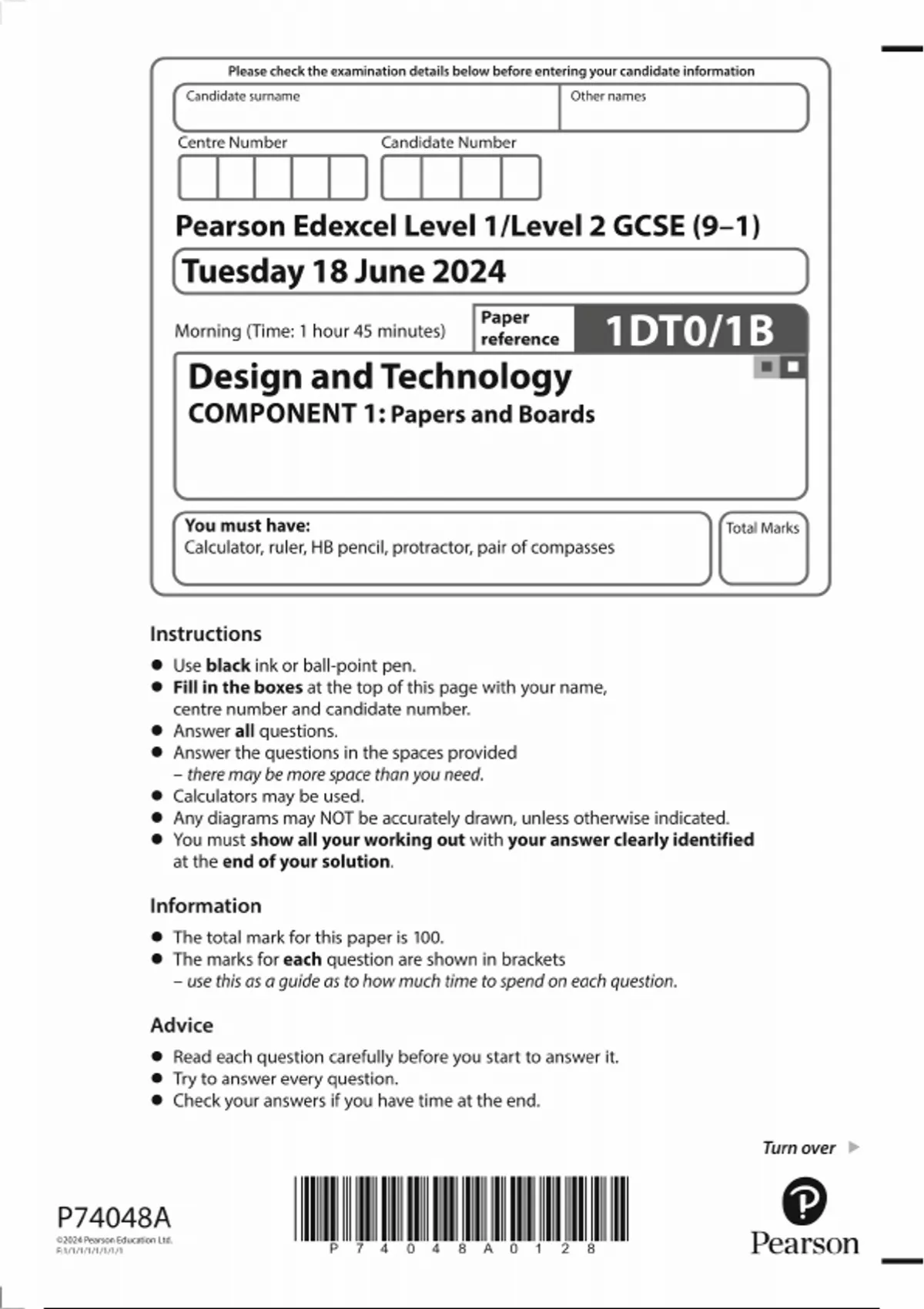 2024 Pearson Edexcel Gcse Design and Technology Paper 1 (1DTO/1B ...