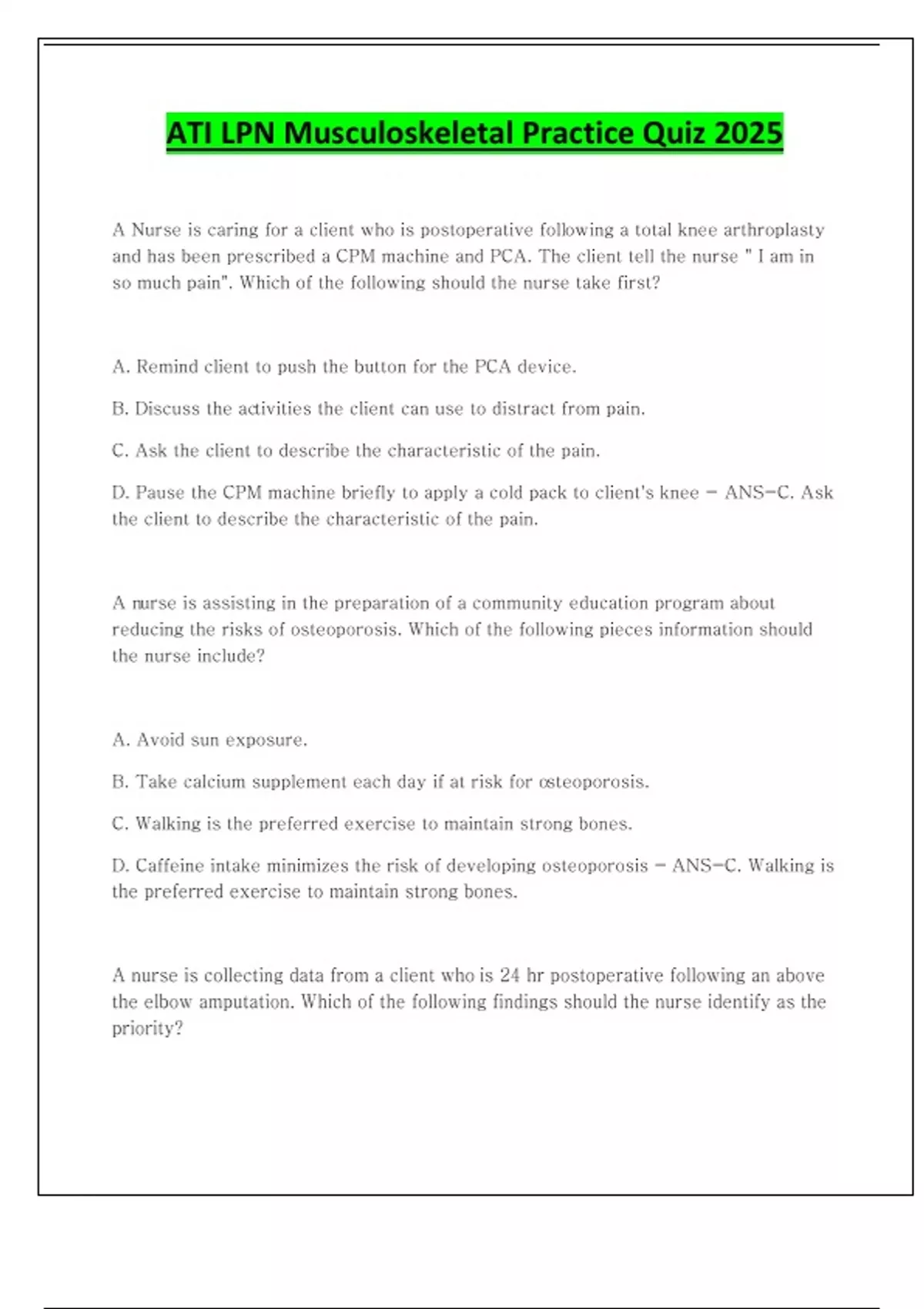 ATI LPN Musculoskeletal Practice Quiz 2025 - ATI LPN Musculoskeletal ...