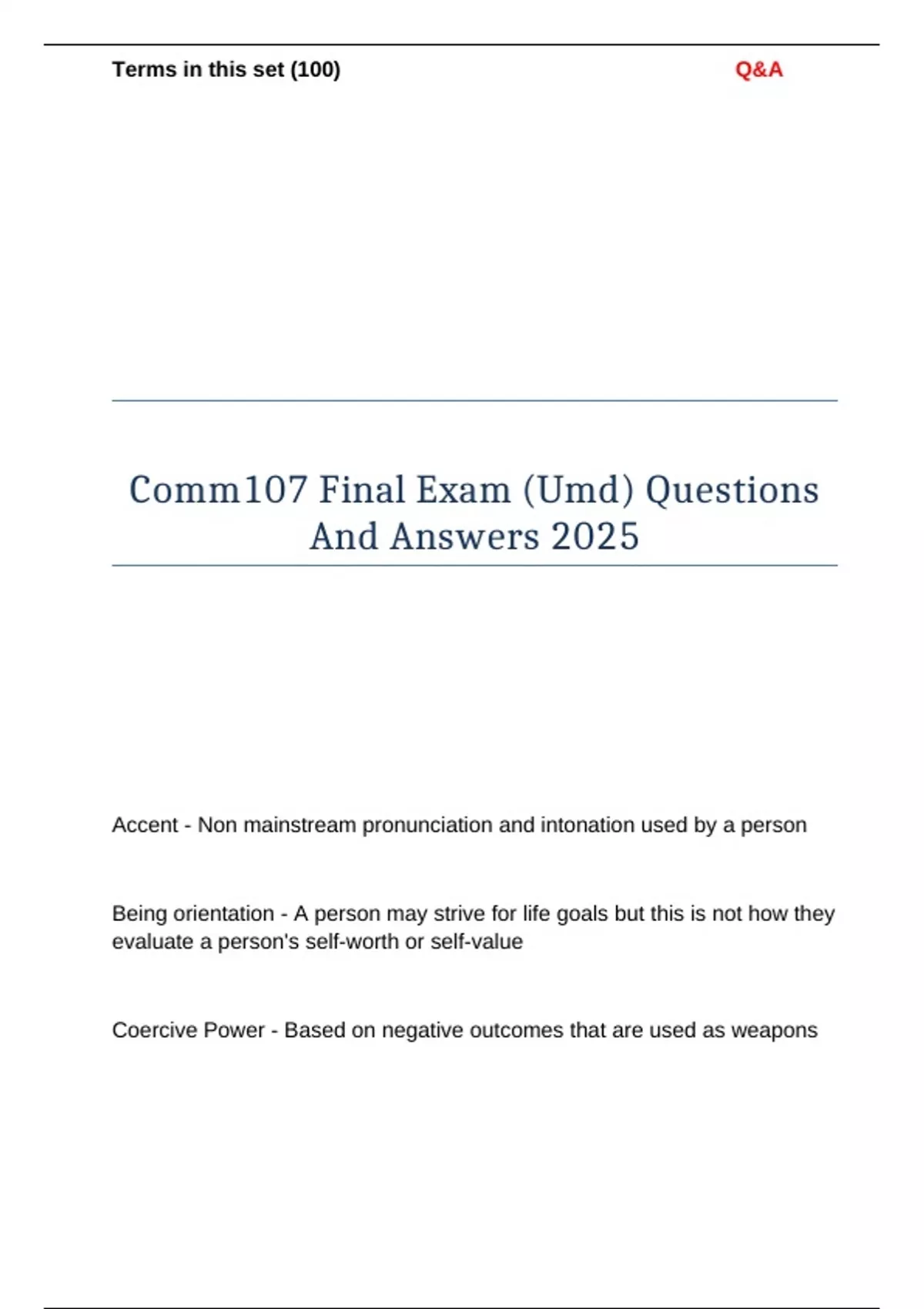 Comm107 Final Exam (Umd) Questions And Answers 2025 - Comm 107 - Stuvia US