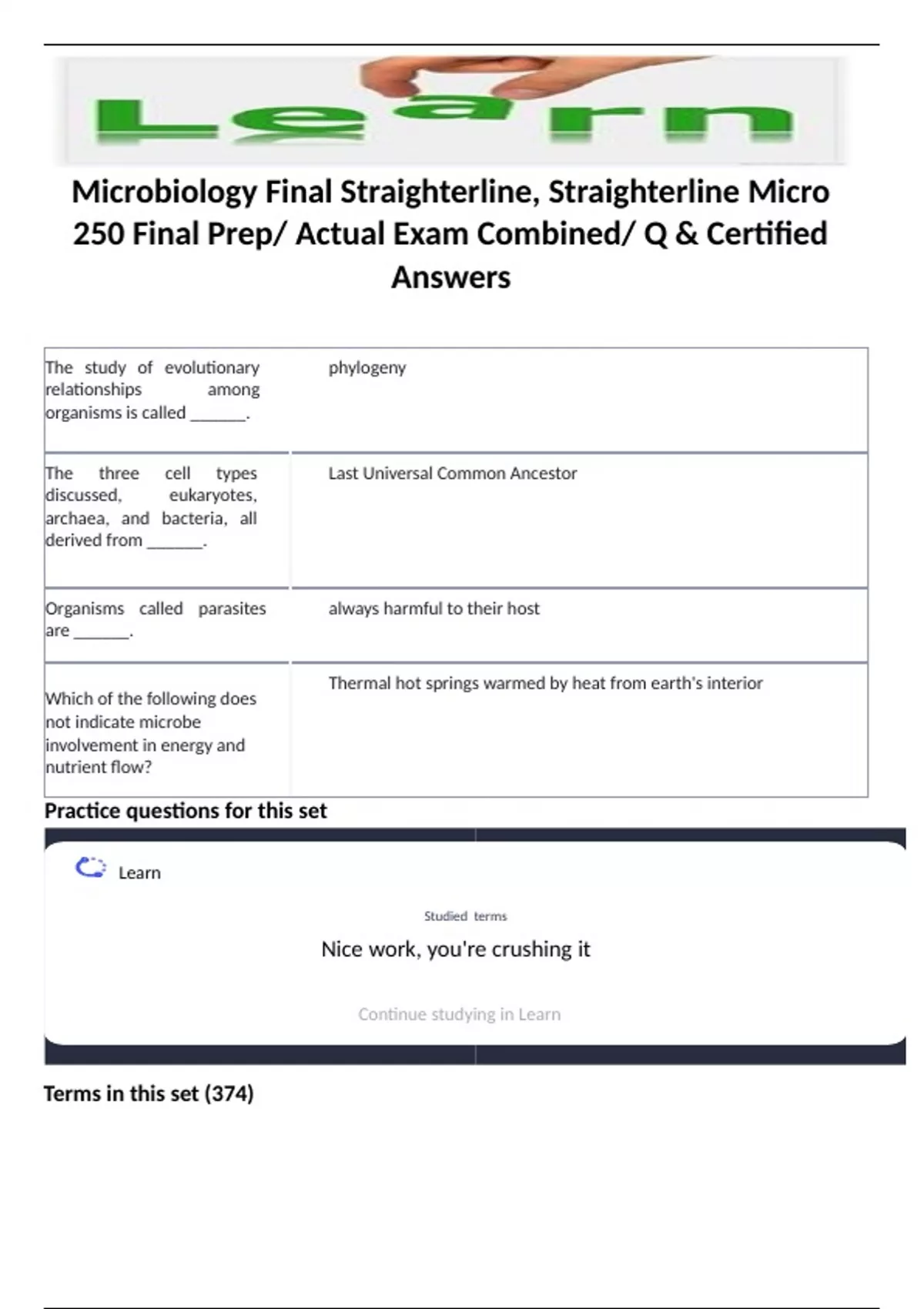 Microbiology Final Straighterline, Straighterline Micro 250 Final Prep/ Actual Exam Combined/ Q ...
