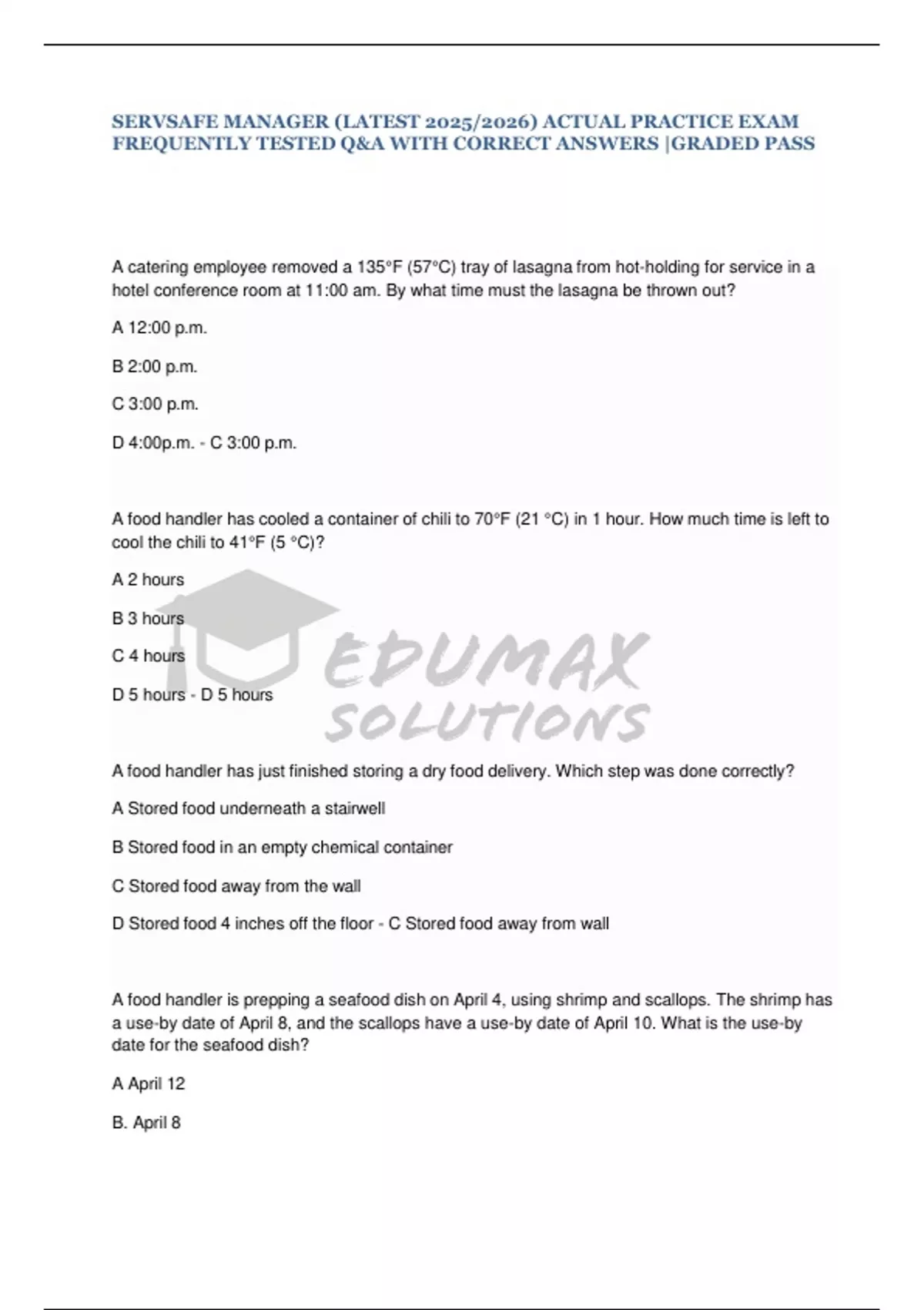 SERVSAFE MANAGER (LATEST 2025/2026) ACTUAL PRACTICE EXAM FREQUENTLY ...