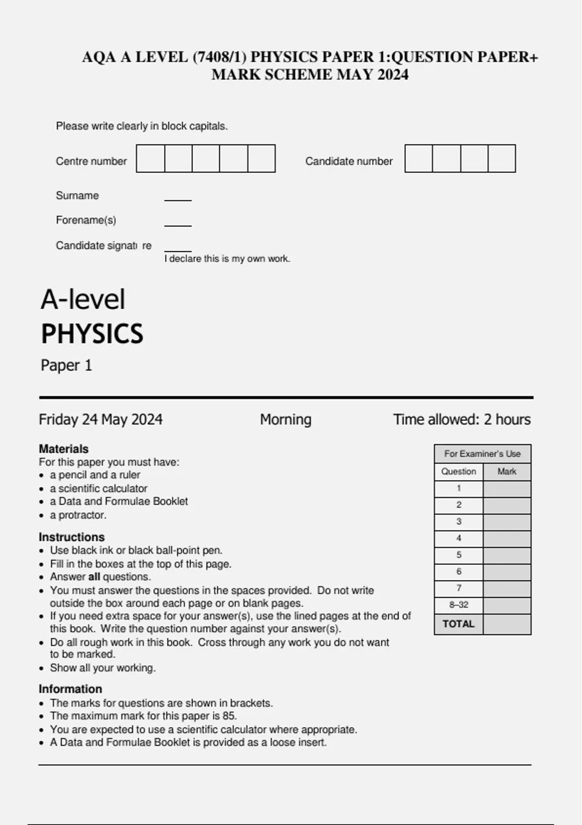 AQA A LEVEL (7408/1) PHYSICS PAPER 1:QUESTION PAPER+ MARK SCHEME MAY ...