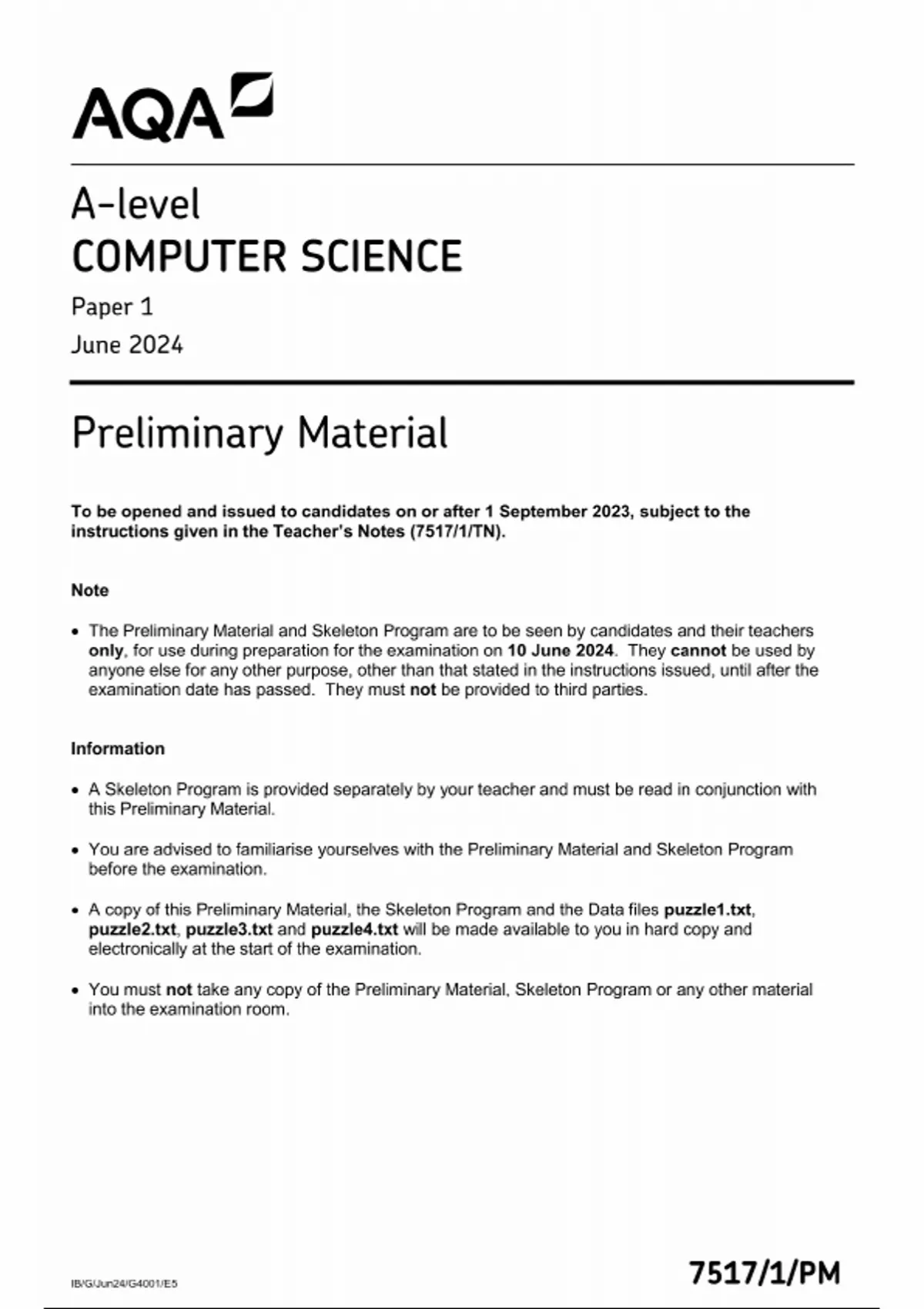 AQA A LEVEL COMPUTER SCIENCE PAPER 1 PM 2024 (7517/1) (PRELIMINARY ...