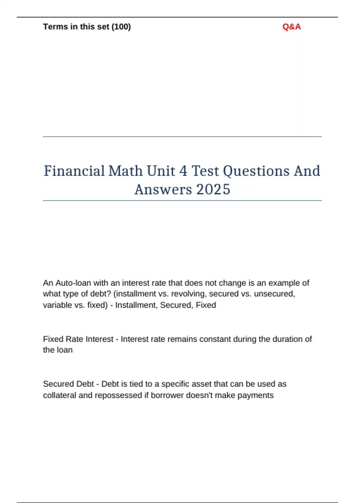 Financial Math Unit 4 Test Questions And Answers 2025 - Finance - Stuvia US