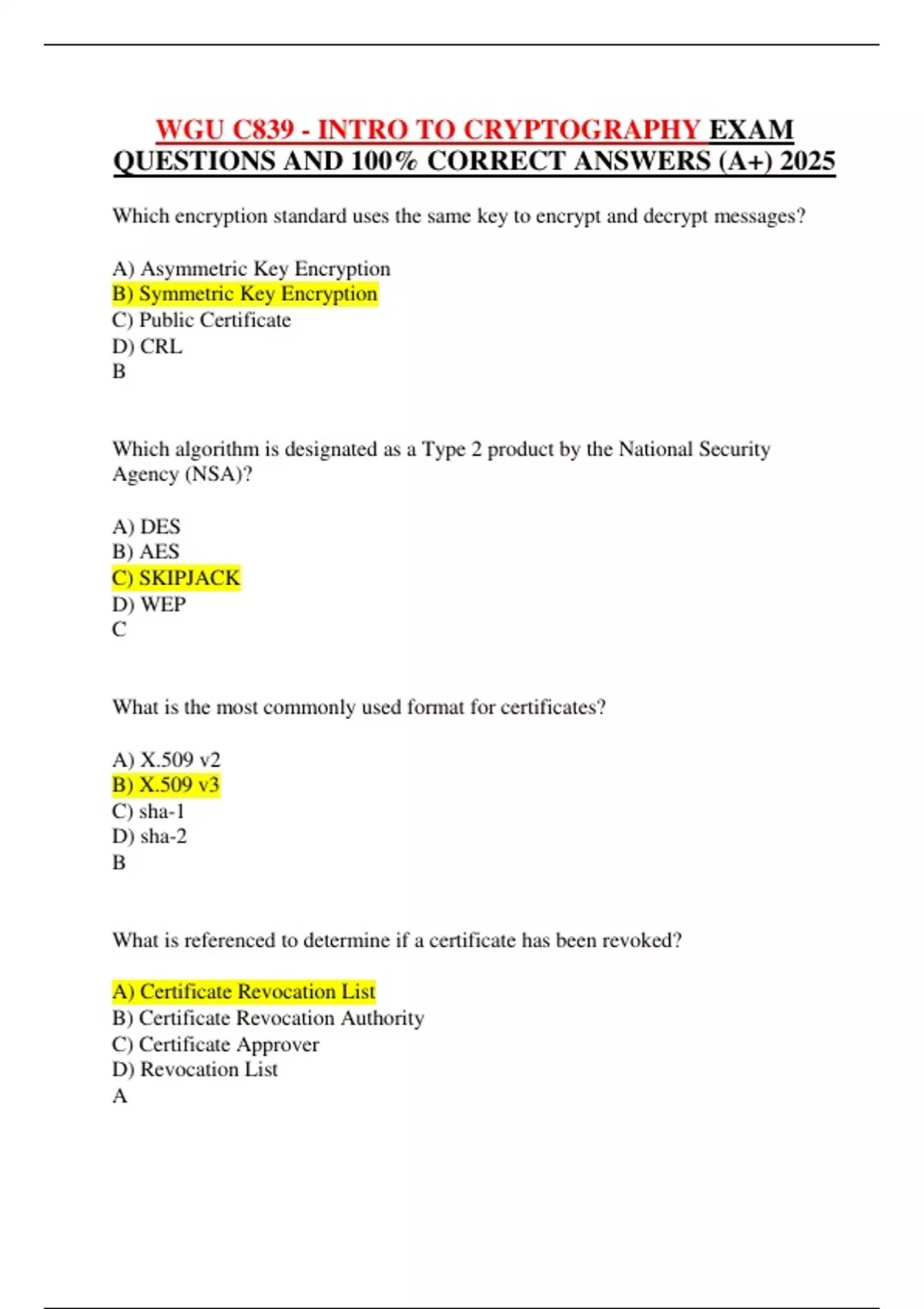 WGU C839 - INTRO TO CRYPTOGRAPHY EXAM QUESTIONS AND 100% CORRECT ANSWERS (A+) 2025 - WGU C839 ...