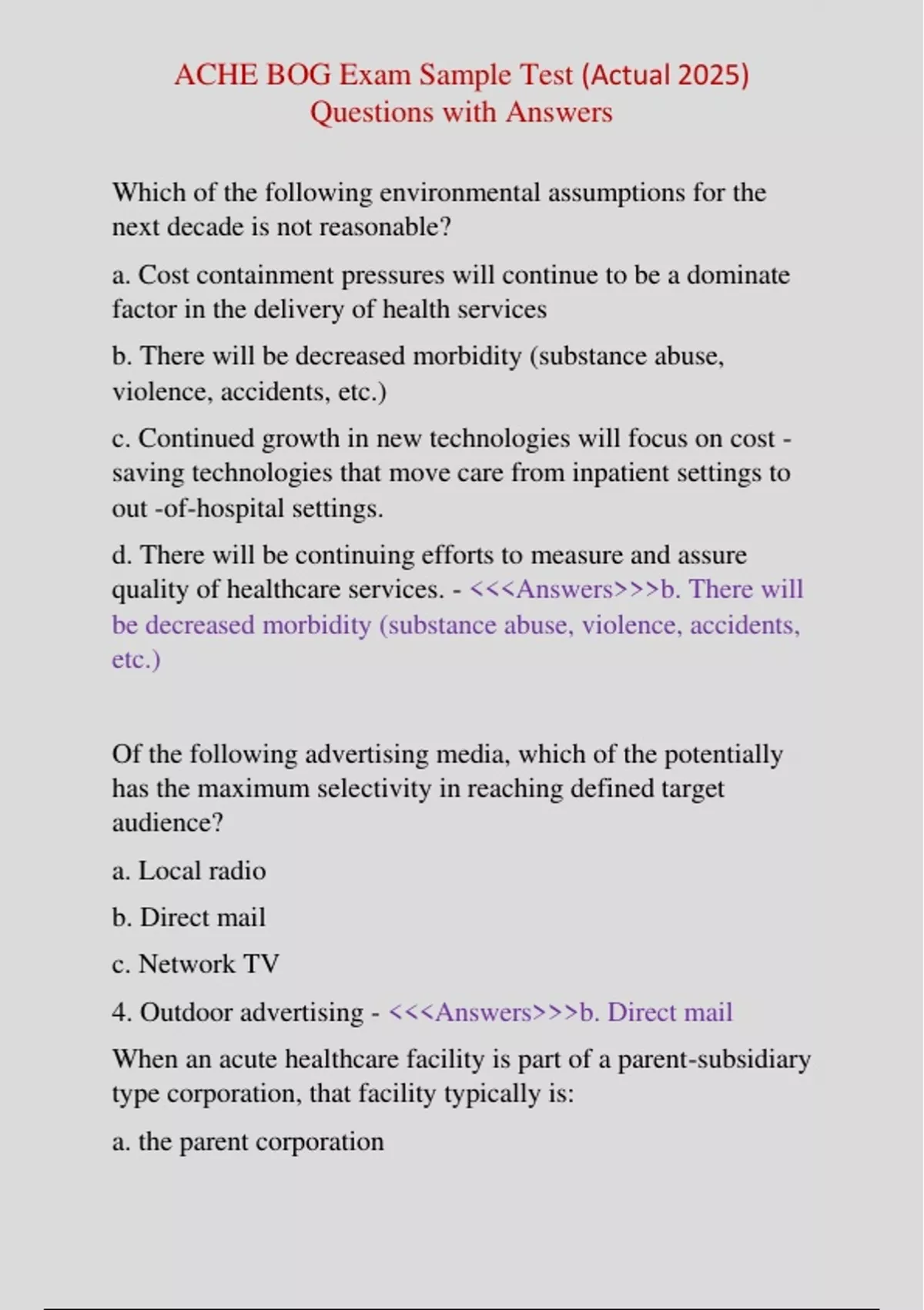 ACHE BOG Exam Sample Test (Actual 2025) Questions with Answers - ACHE ...