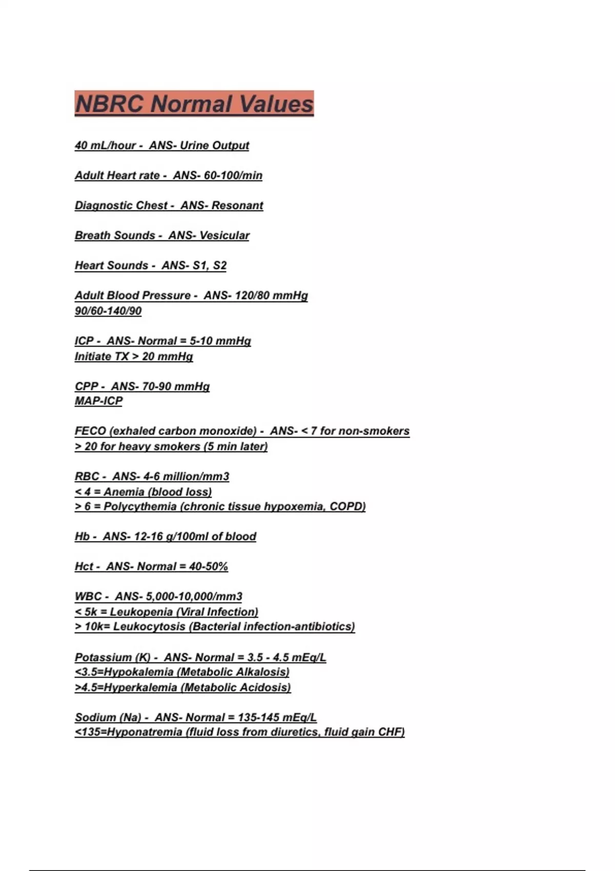 NBRC Normal Values Exam Questions with Answers 2025/2026( A+ GRADED 100 ...