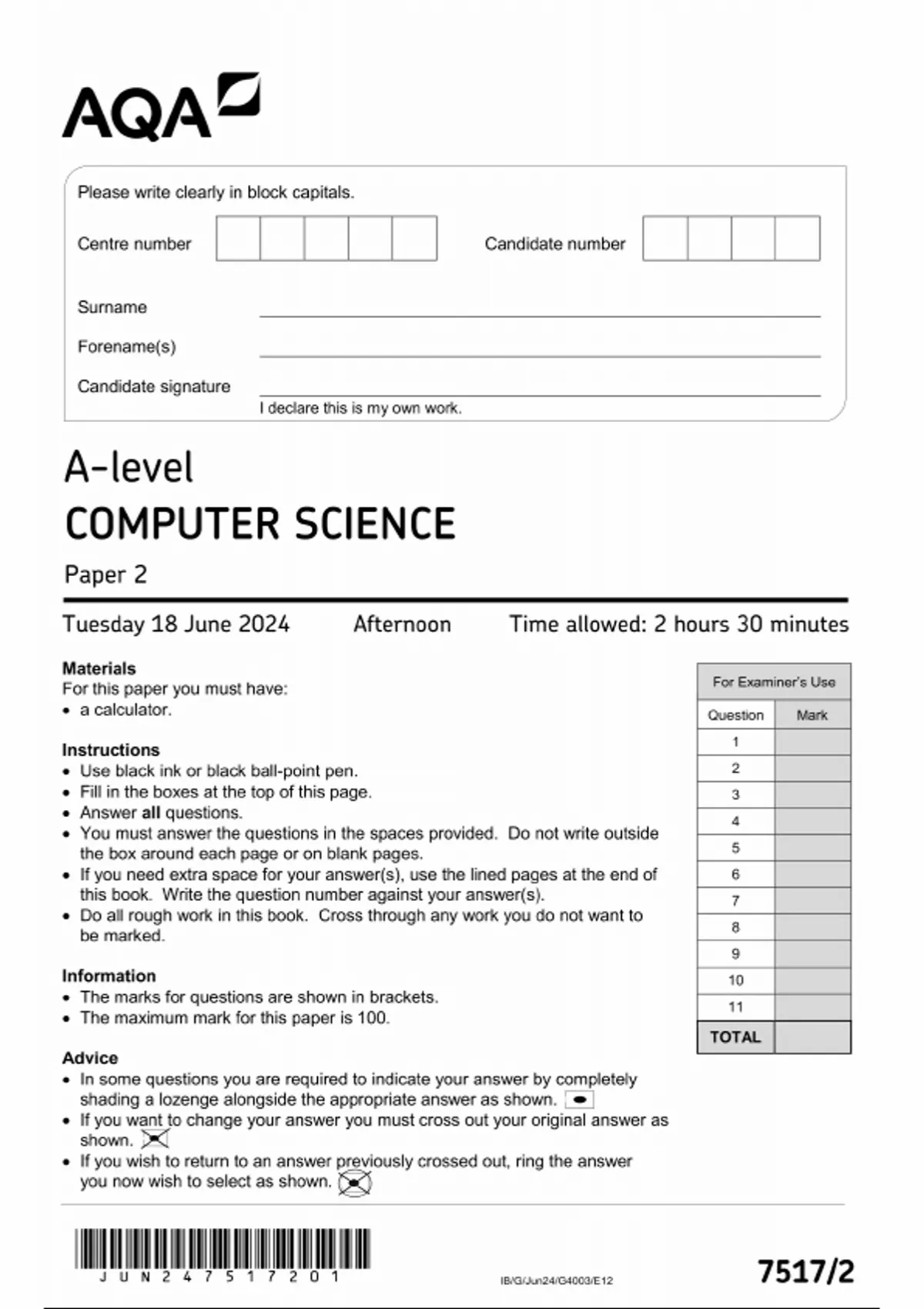AQA A LEVEL COMPUTER SCIENCE PAPER 2 QP 2024 (7517/2) - AQA A LEVEL COMPUTER SCIENCE PAPER 2 QP ...