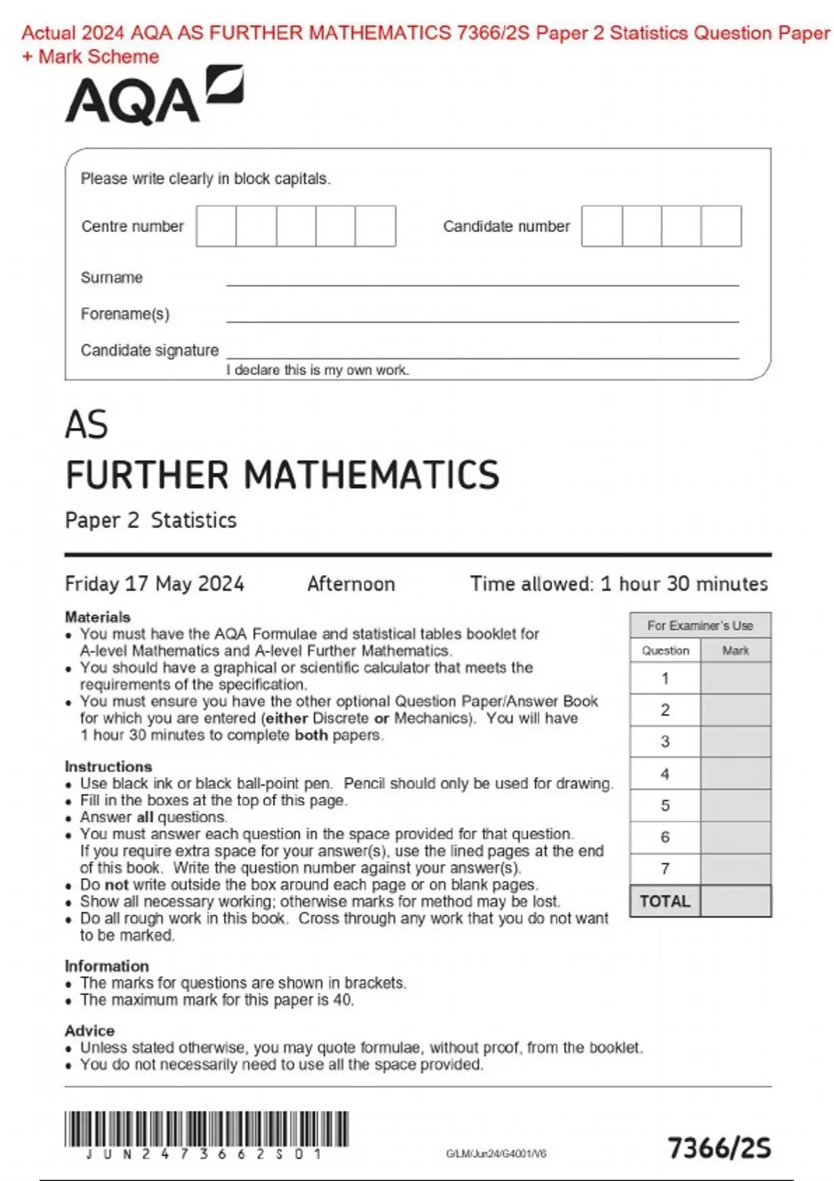 Actual 2024 AQA AS FURTHER MATHEMATICS 7366/2S Paper 2 Statistics ...