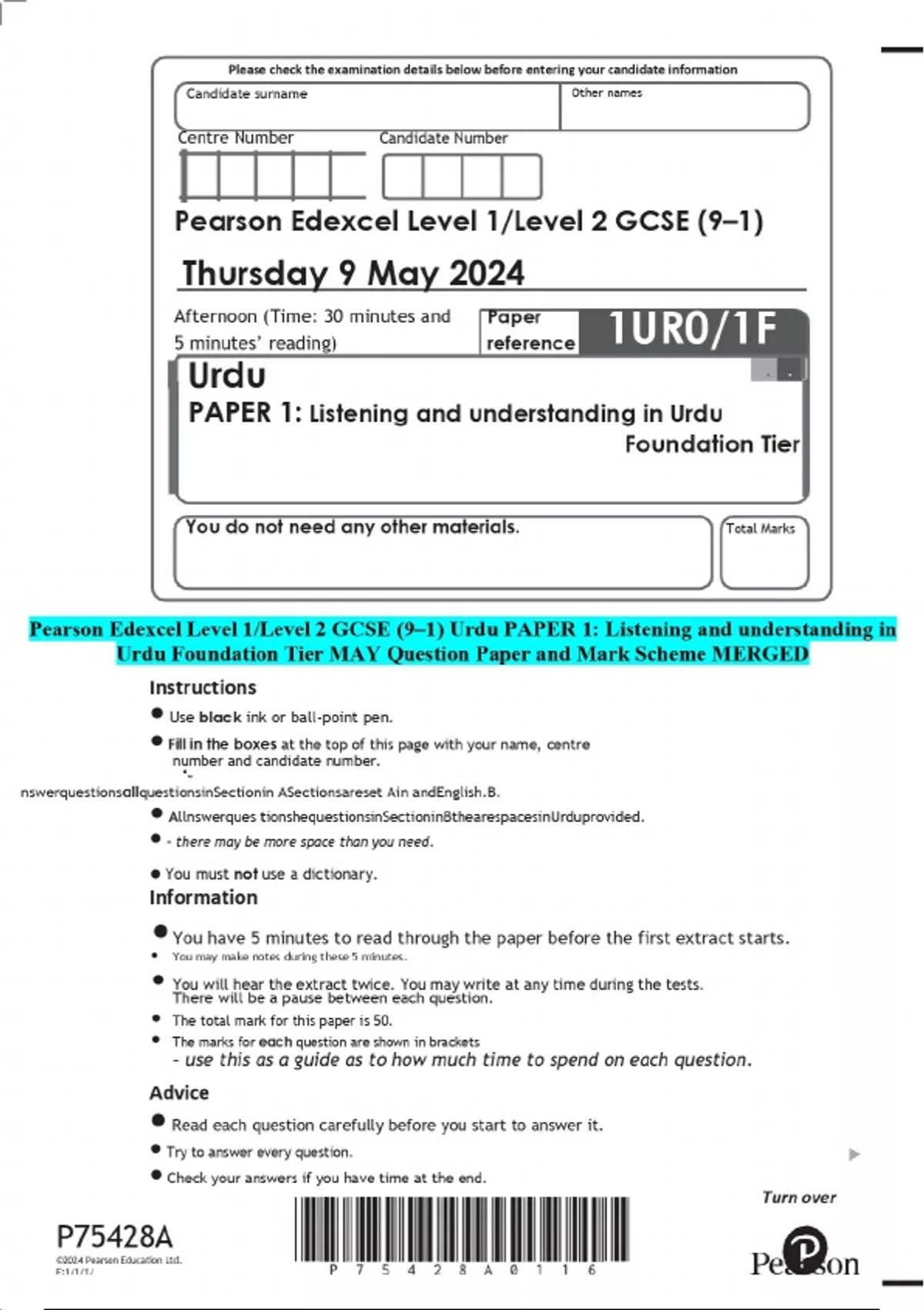 Pearson Edexcel Level 1/Level 2 GCSE (9–1) Urdu PAPER 1: Listening and ...