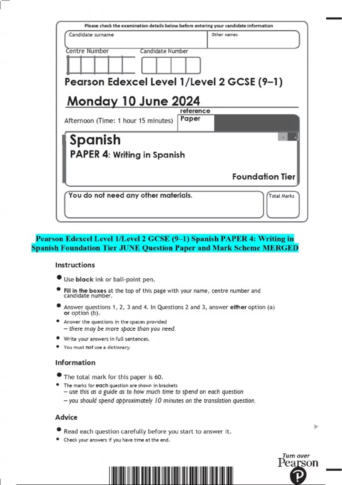 EXAMS BUNDLE::::Pearson Edexcel Level 1/Level 2 GCSE (9–1) Spanish Foundation Tier | Question ...