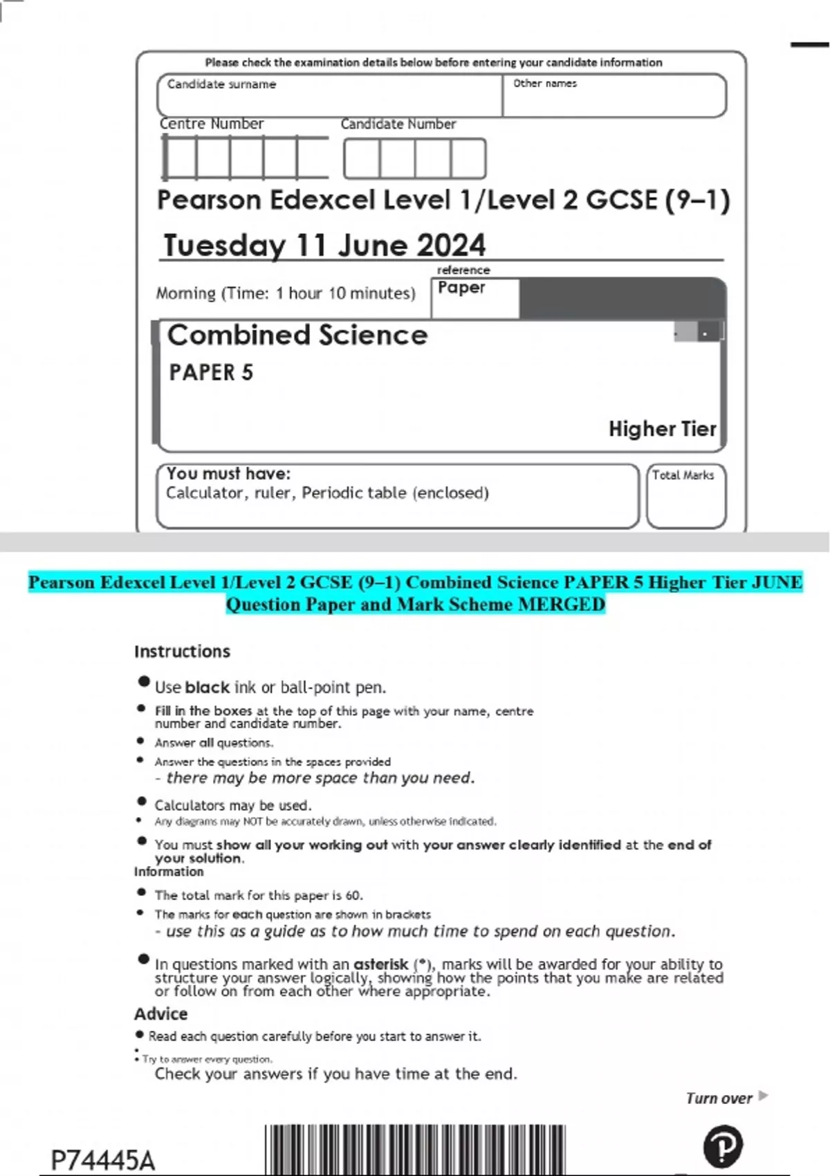 Pearson Edexcel Level 1/Level 2 GCSE (9–1) Combined Science PAPER 5 ...