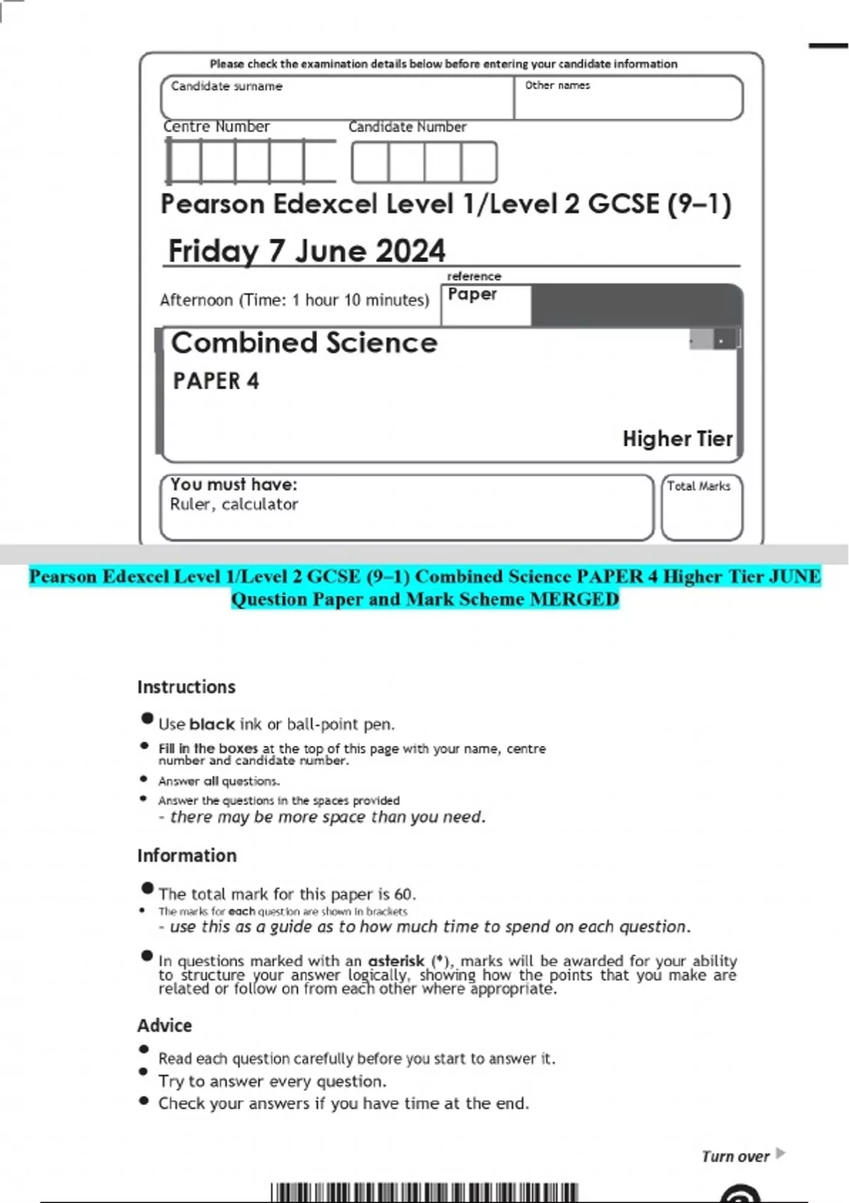 Pearson Edexcel Level 1/Level 2 GCSE (9–1) Combined Science PAPER 4 ...