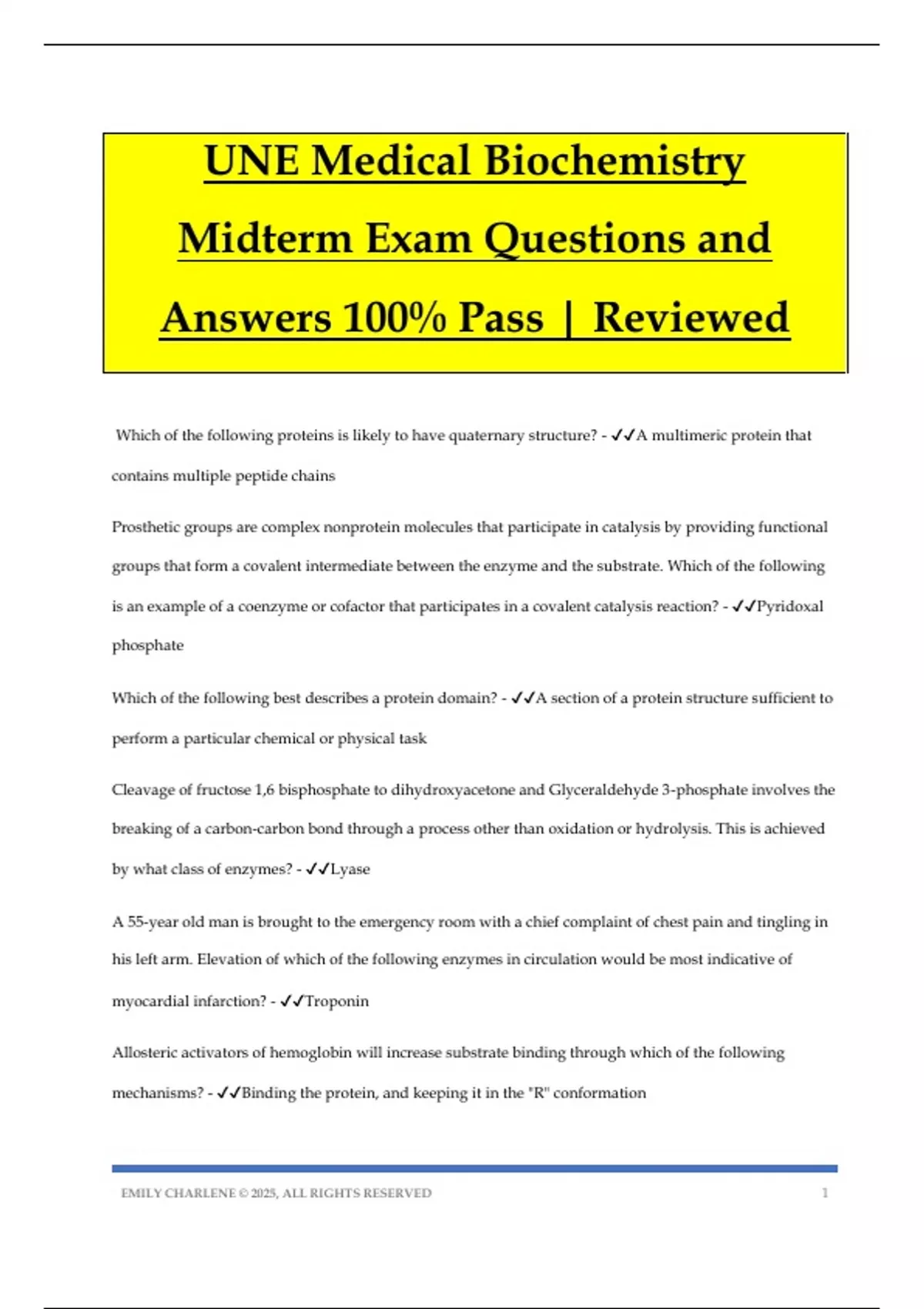 UNE Medical Biochemistry Midterm Exam Questions and Answers 100% Pass ...