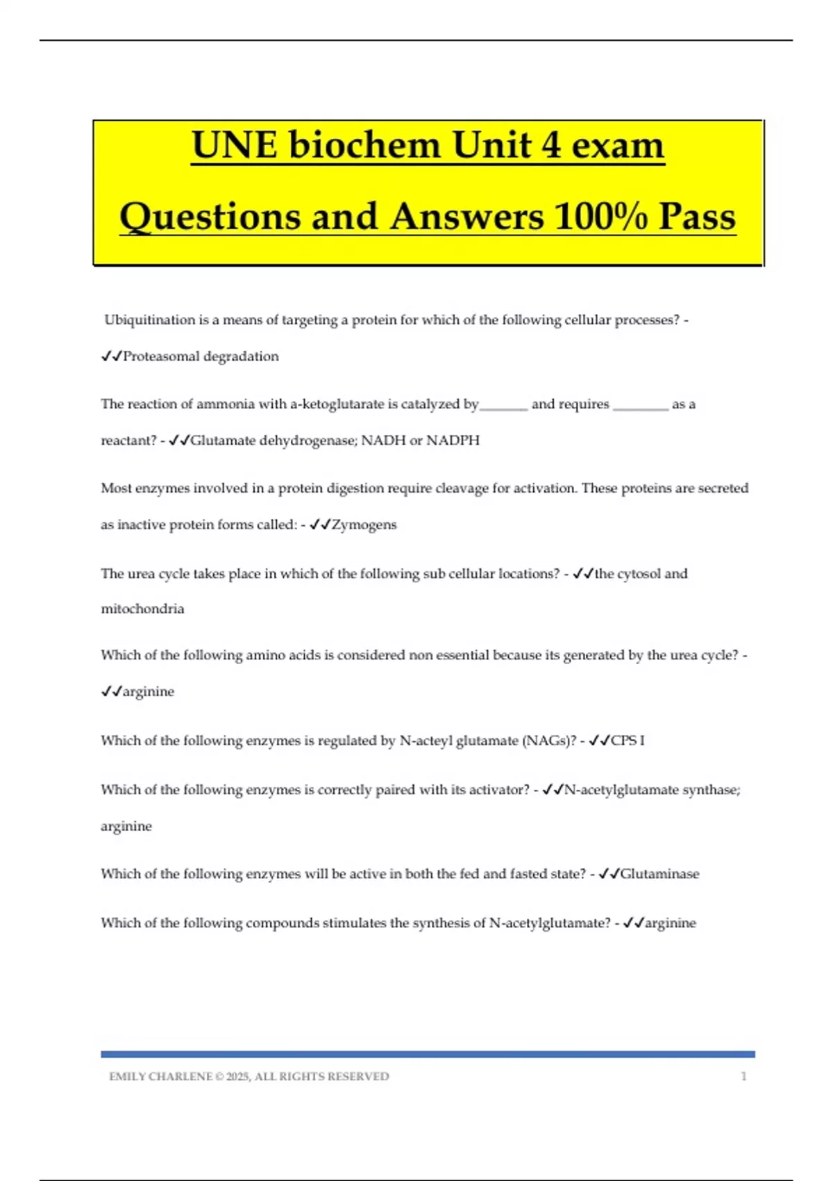 UNE biochem Unit 4 exam Questions and Answers 100% Pass - UNE Biochemistry - Stuvia US