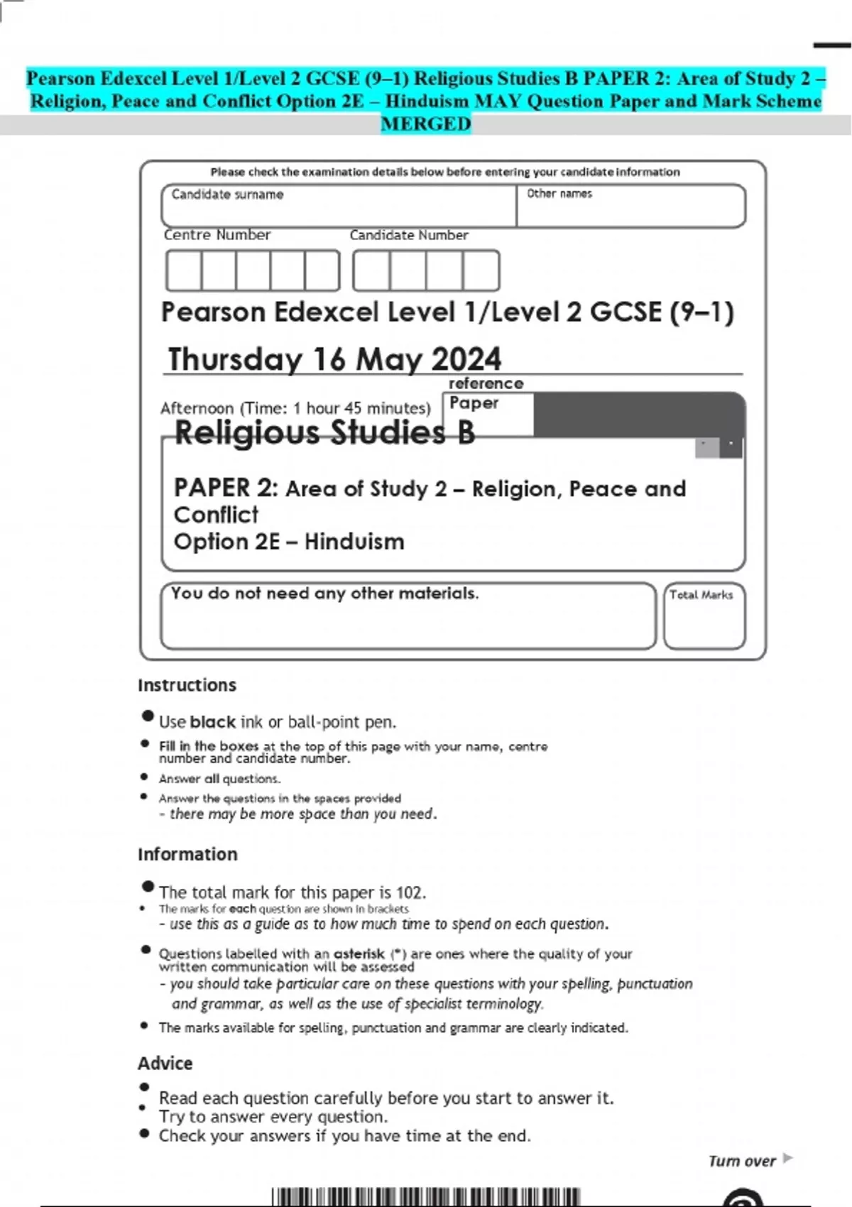 Pearson Edexcel Level 1/Level 2 GCSE (9–1) Religious Studies B PAPER 2 ...