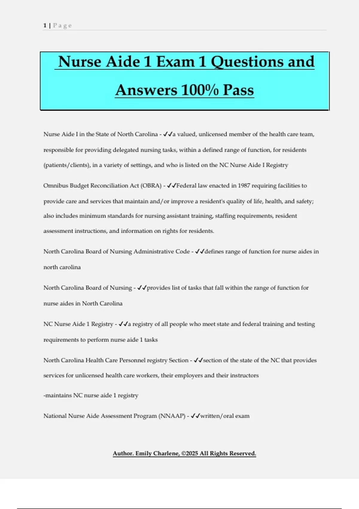 Nurse Aide 1 Exam 1 Questions and Answers 100% Pass - Nurse Aide ...