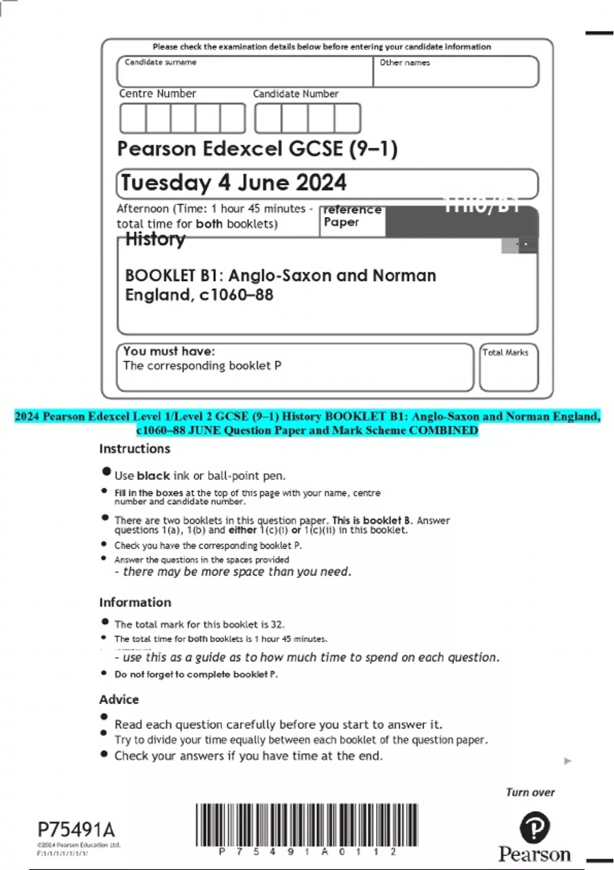 2024 Pearson Edexcel Level 1/Level 2 GCSE (9–1) History BOOKLET B1 ...