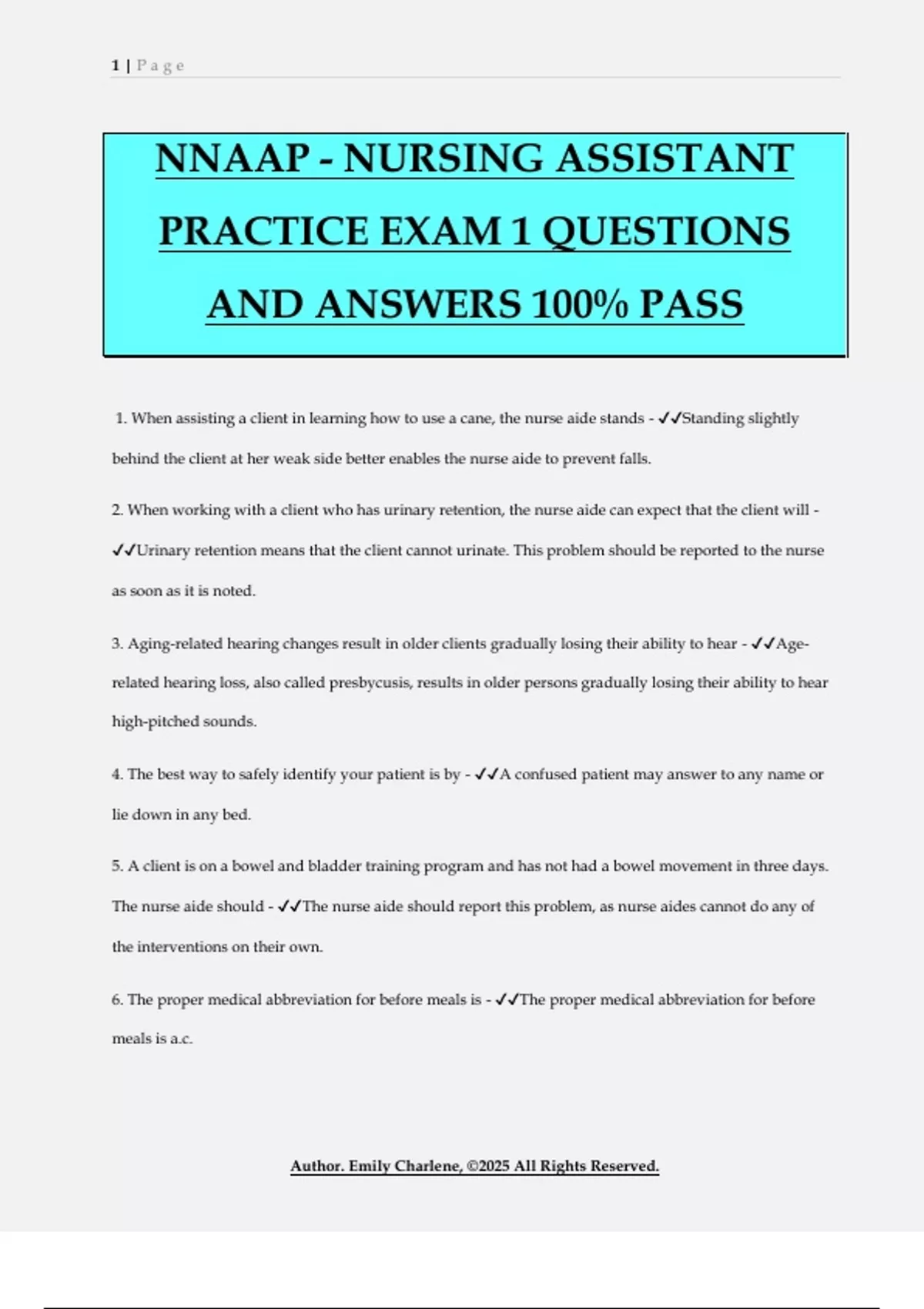NNAAP - NURSING ASSISTANT PRACTICE EXAM 1 QUESTIONS AND ANSWERS 100% ...