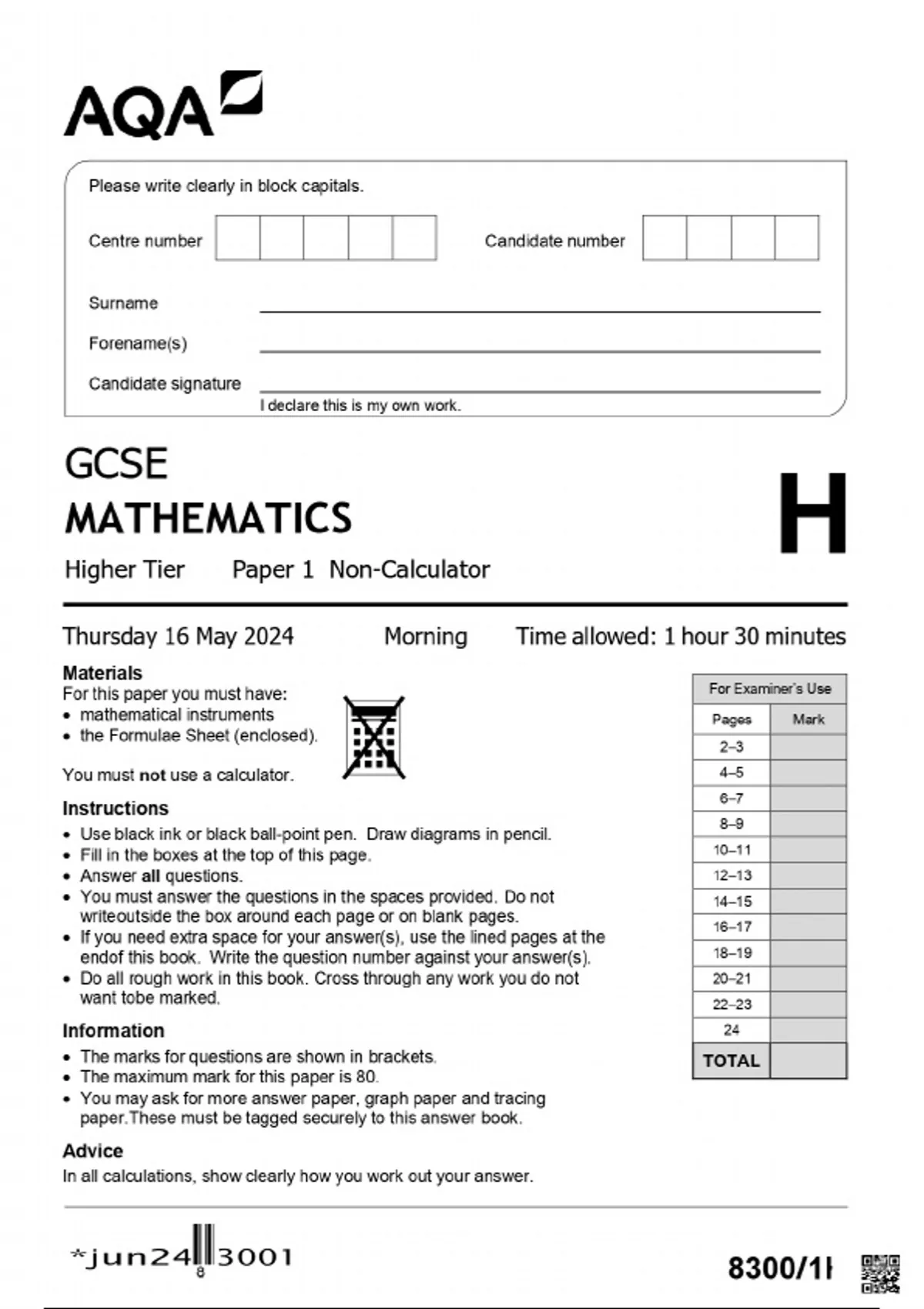 AQA JUNE 2024 PAPER 1 GCSE MATHEMATICS HIGHER TIER MARK SCHEME AND ...