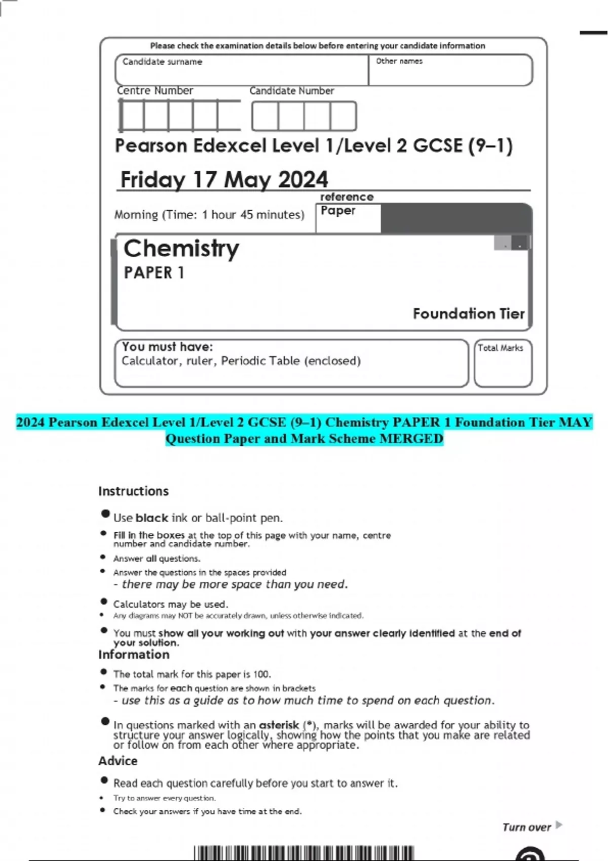 2024 Pearson Edexcel Level 1/Level 2 GCSE (9–1) Chemistry PAPER 1 ...