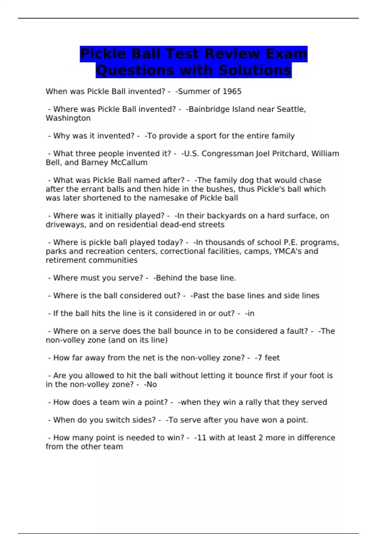 Pickle Ball Test Review Exam Questions with Solutions - Pickle Ball ...