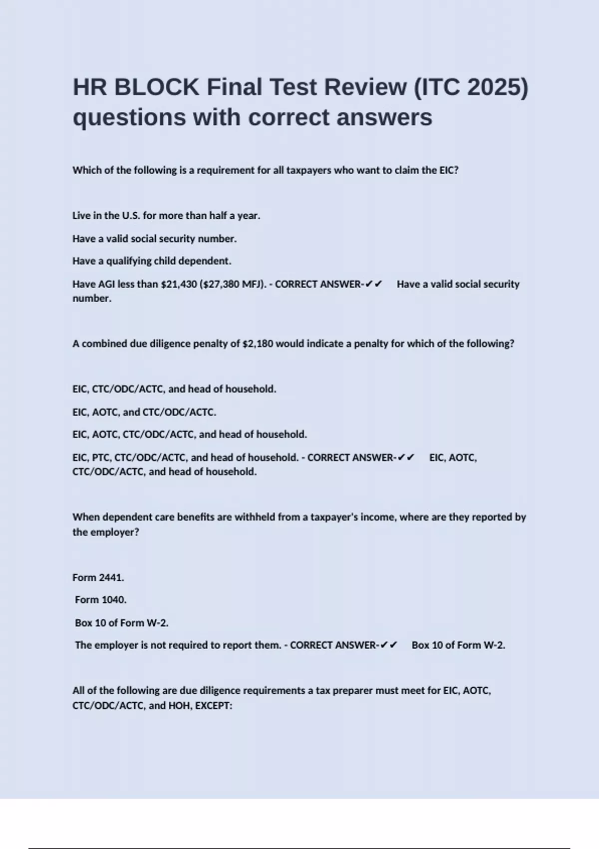 HR BLOCK Final Test Review (ITC 2025) questions with correct answers ...