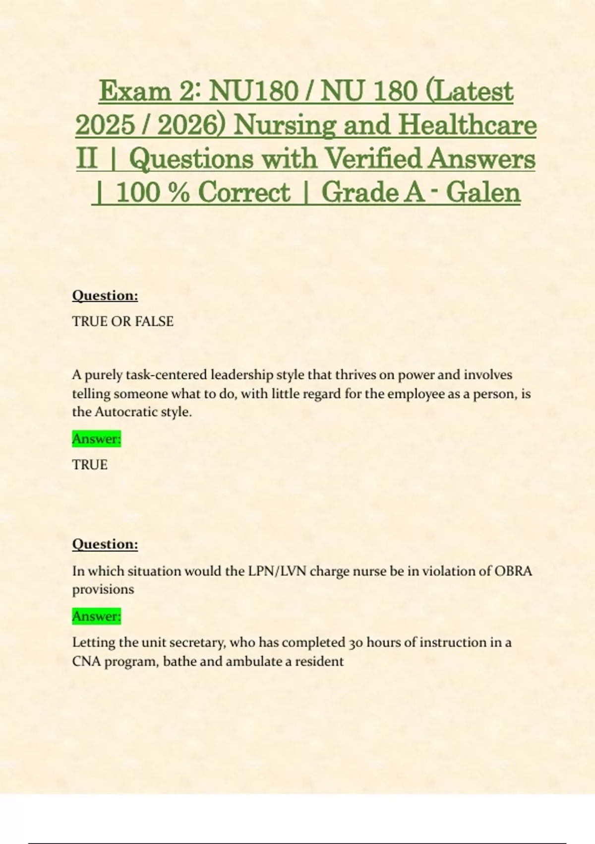 Exam 2: NU180 / NU 180 (Latest 2025 / 2026) Nursing and Healthcare II ...