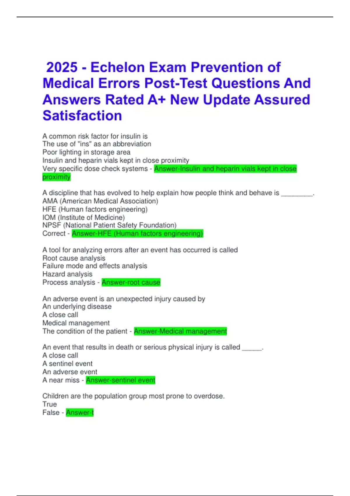 2025 - Echelon Exam Prevention of Medical Errors Post-Test Questions ...