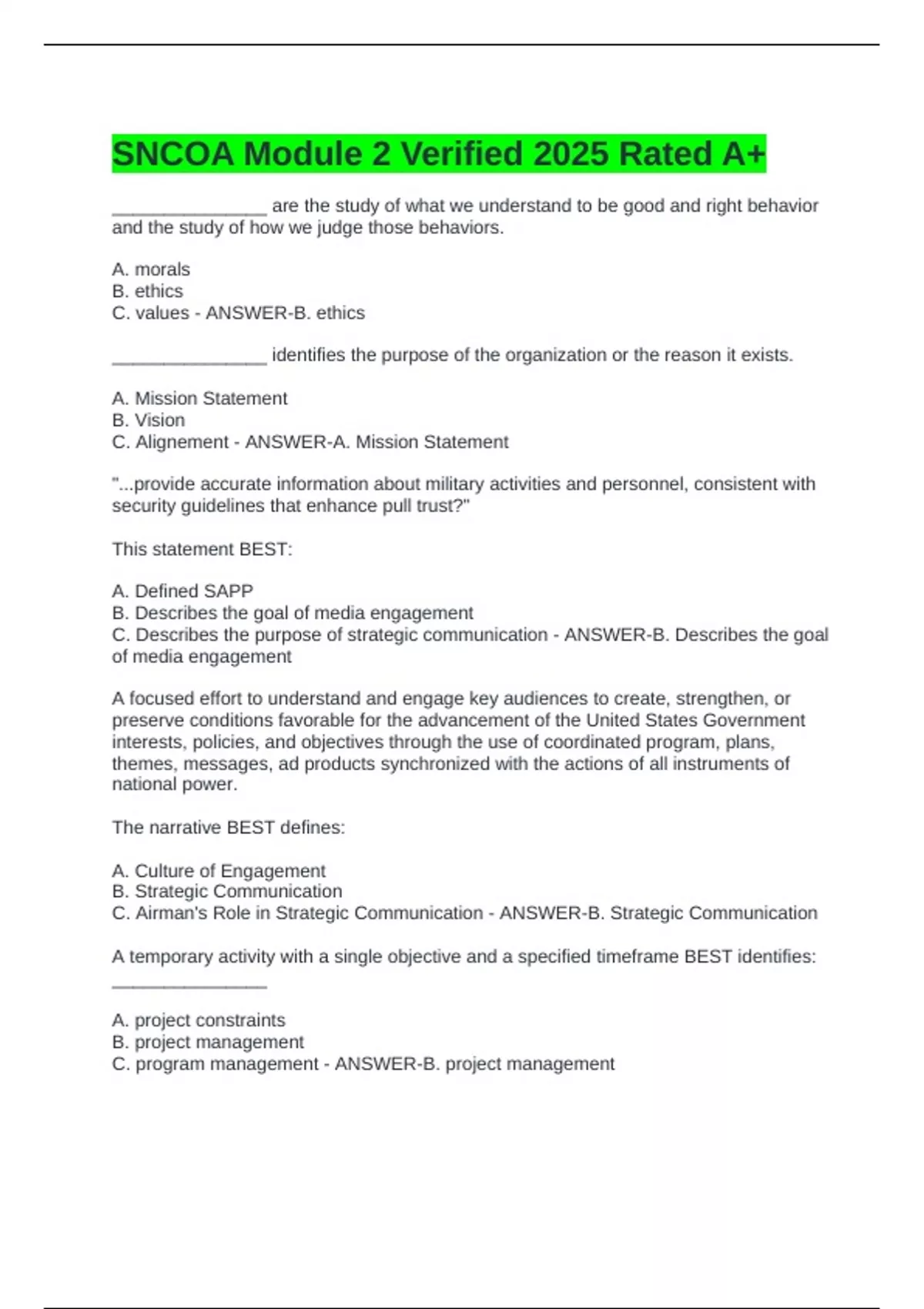 SNCOA Module 2 Verified 2025 Rated A+ - SNCOA - Stuvia US