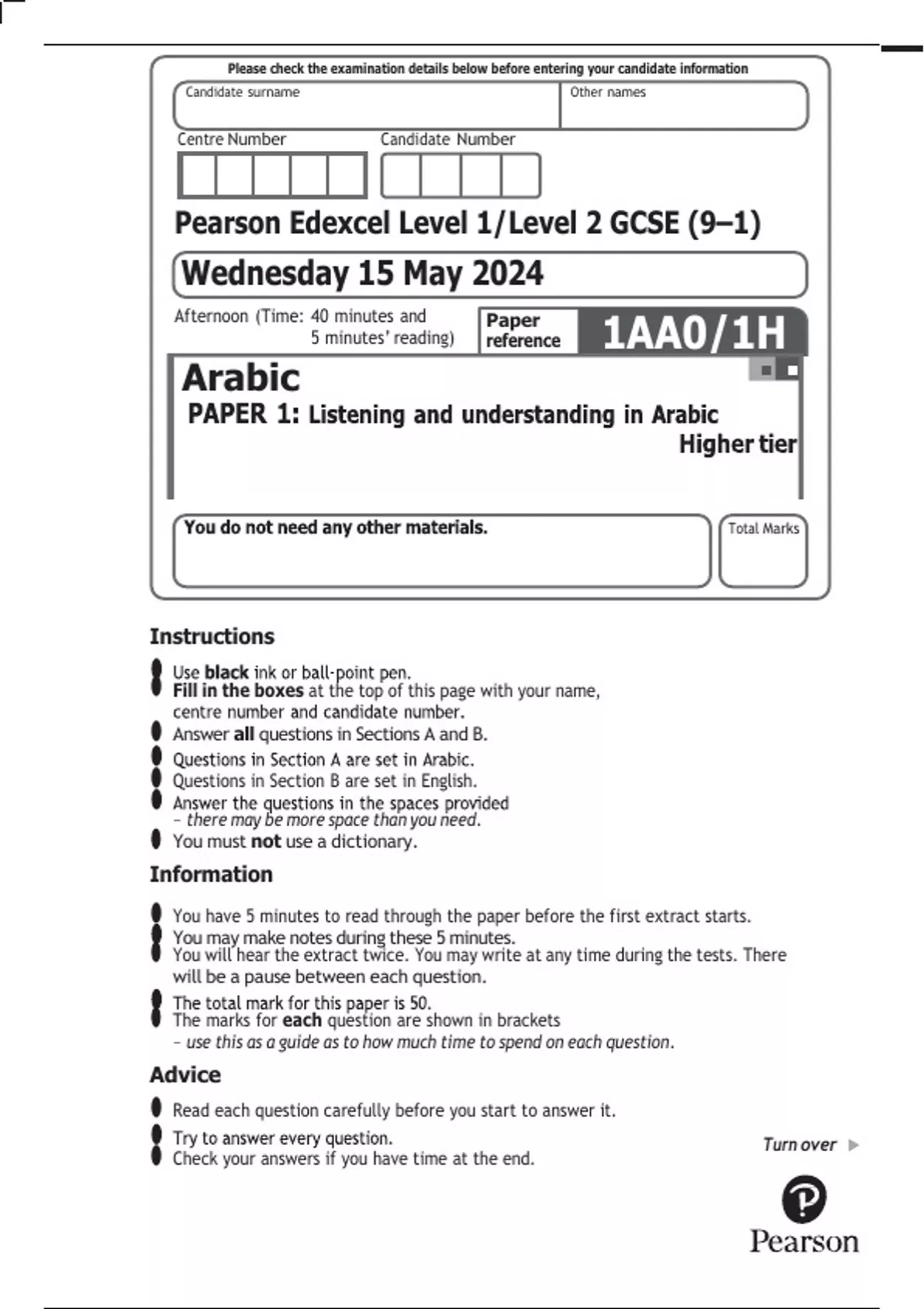 2024 Pearson Edexcel GCSE In Arabic (1AA0) Paper 1H Listening and ...